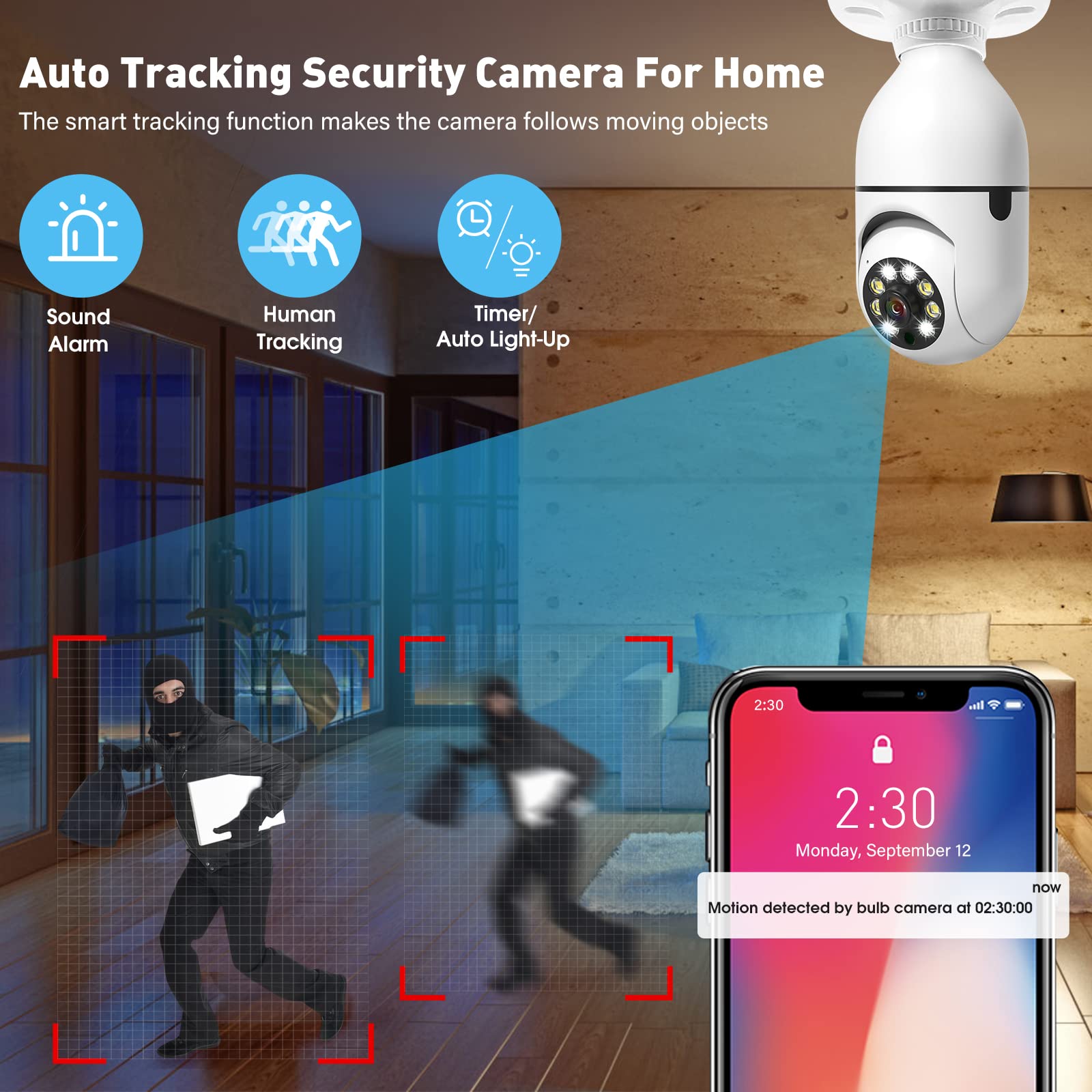 Light Bulb Security Camera, E27 Wireless WiFi Outdoor Security Camera, 1080P 2.4GHz WiFi Smart Home Surveillance Cam 355 Degree with Two-Way Audio, Night Vision, Motion Detection, Work with Alexa