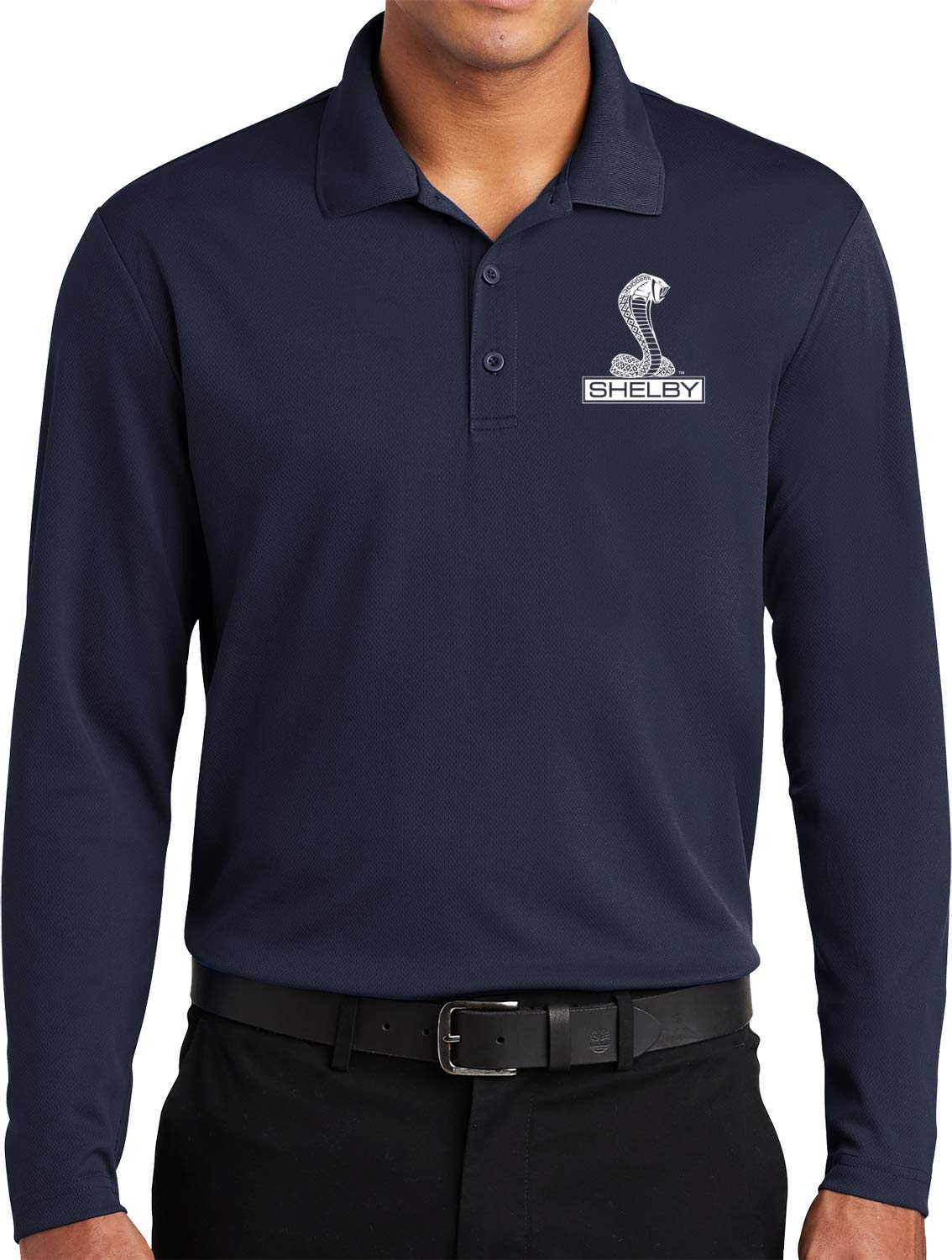 Ford Mustang Shelby Cobra Pocket Print Long Sleeve Polo, Navy 4XL