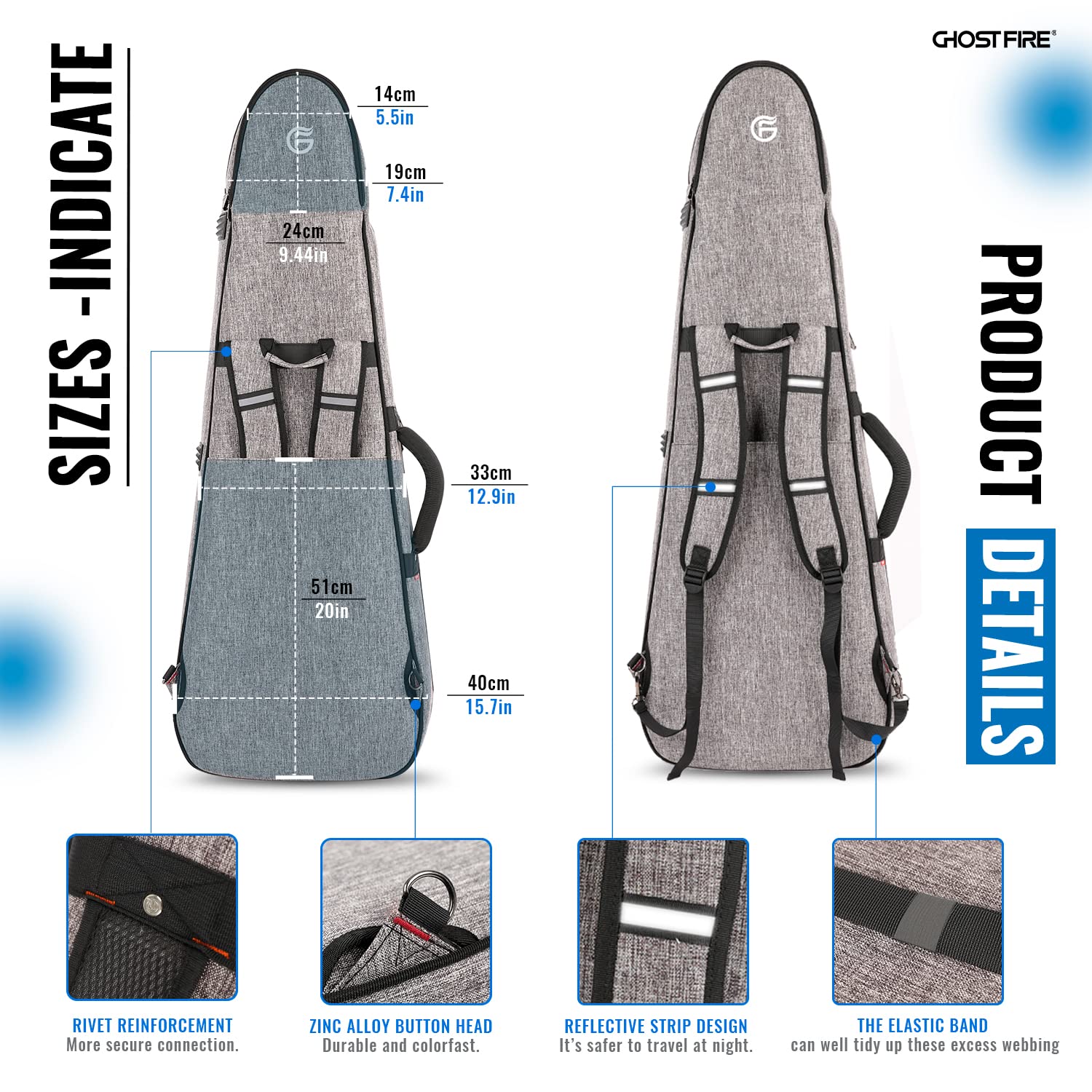 GHOSTFIRE high-end Electric Guitar Gig Bag Super thick fit ST/TL ,LP/SG An Expansion Package Is Attached (Electric guitar-grey)