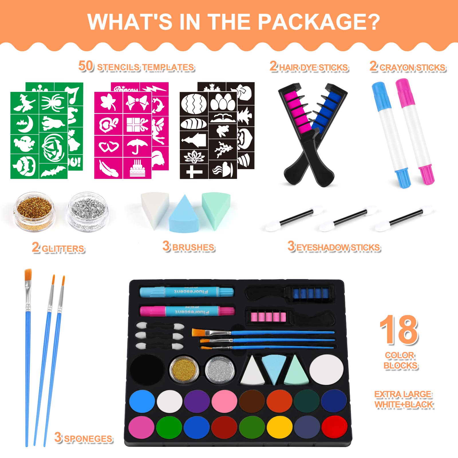 Face Paint Kit for Kids - 50 Stencils, ENJSD Halloween Makeup Kit 18 Large Water Based Paints, 2 Hair Chalks 3 Eyeshadow Sticks, Professional Face Paint Palette, Safe for Sensitive Skin