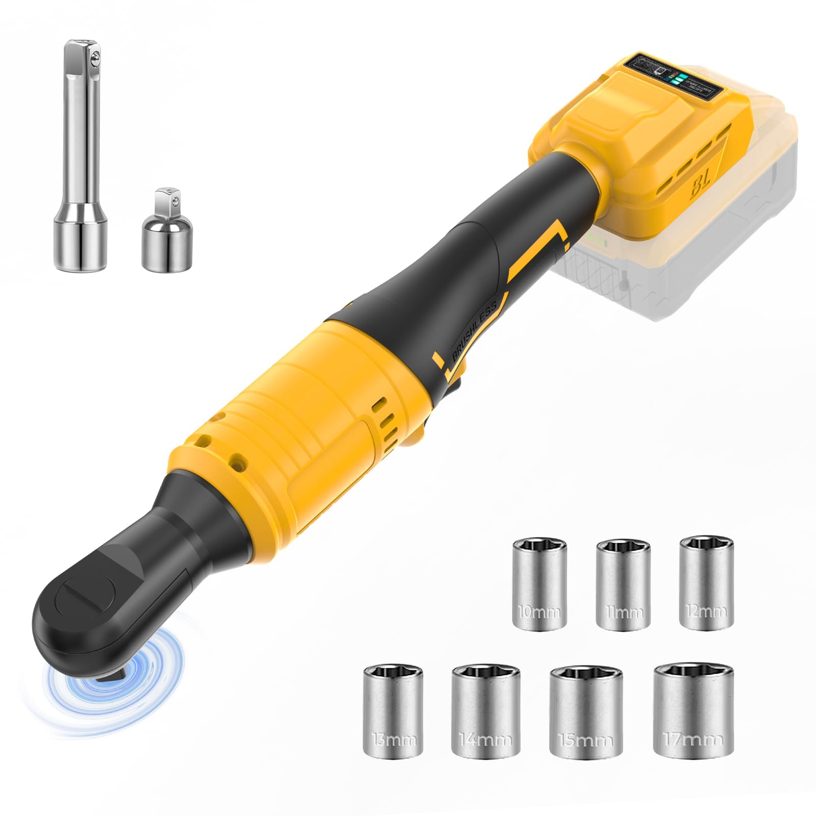 Ratchet Wrench Compatible With Dewalt 20V MAX Battery(No Battery) 3/8" Cordless Ratchet Wrench with 74Ft-Lbs Torque,Brushless Motor,7CS Sockets,1/4" Adapter,3" Extension Bar