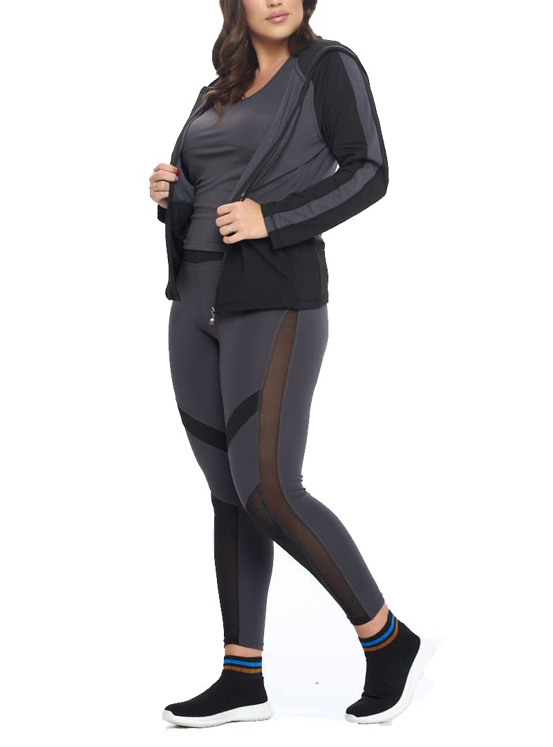 Jvini Women's 3 Piece Tracksuit Set - Full Zip Raglan Sleeve Hoodie Sweatshirt - Racerback Tank & Mesh Leggings Grey/Black LXL US (8-12)