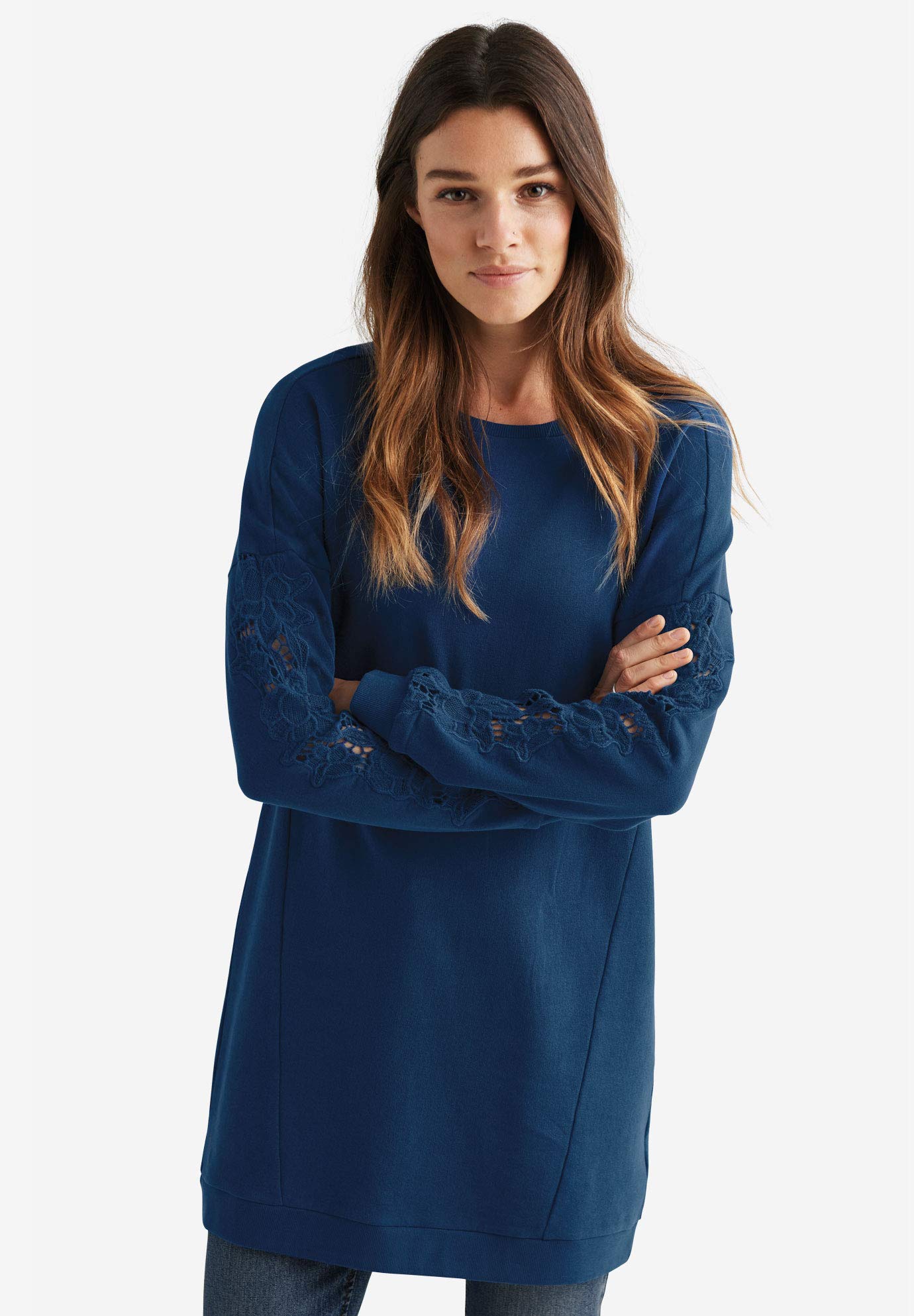 Ellos Women's Plus Size Lace Trim Sweatshirt Tunic - 14/16, Marine Blue