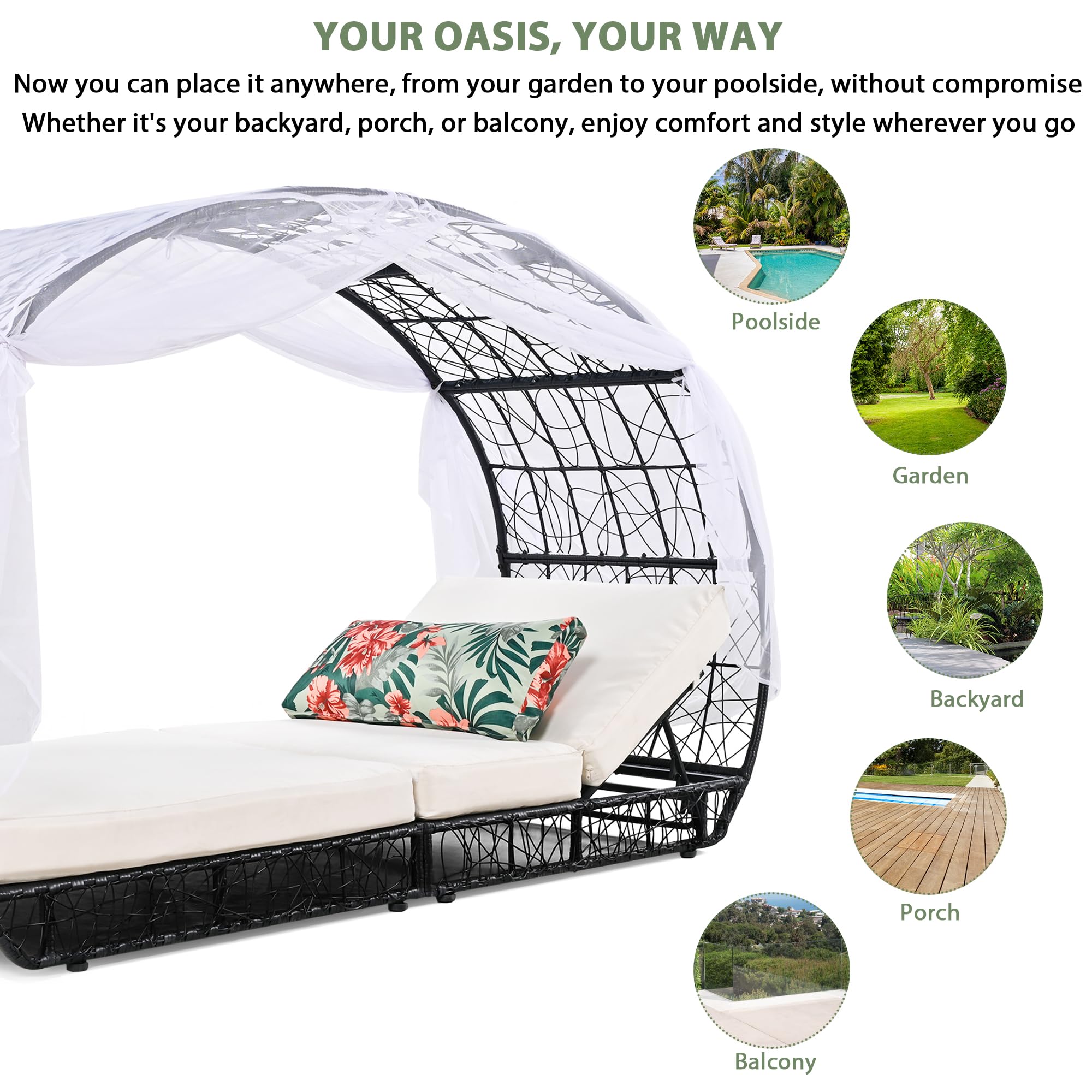 LUMISOL Outdoor Patio Daybed with Curtain, Sunbed with Cushion and Colorful Pillow, 90.55" Wicker Lounge Chairs Backrest Adjustable Recliners for Lawn Garden Poolside, Beige Cushion and Black Wicker