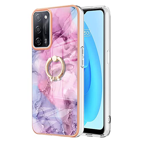 ONV Silicone Case for Oppo A55 5G - Phone Case with Luxury Glitter Metal Ring Marble Painted Stand Case TPU Bumper Protect Cover for Oppo A55 5G / Oppo A53S 5G / Oppo A54 4G / Oppo A16 [Ring] -Pink