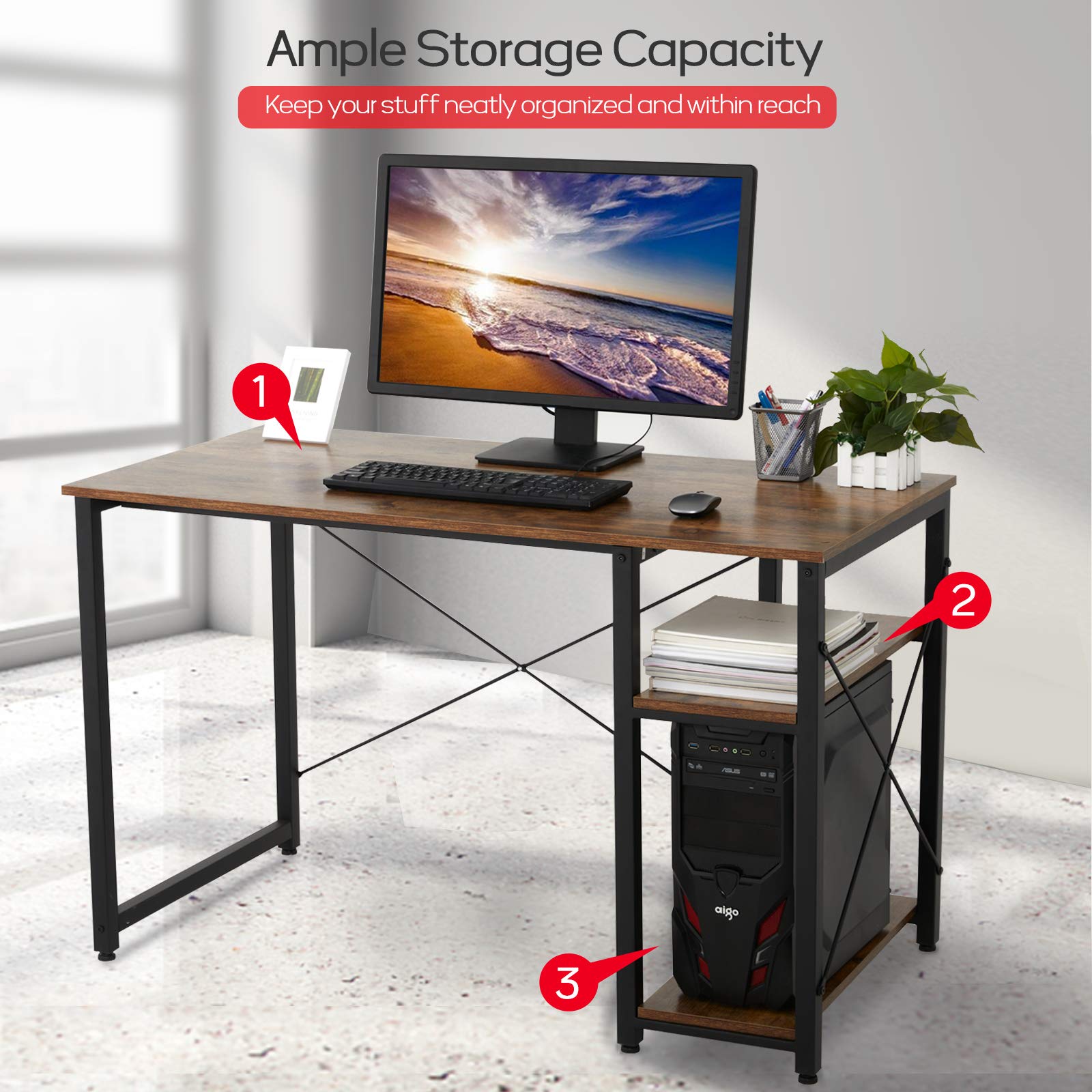 Gome Home Office Computer Desk with Shelves - 47 Inch Large Writing Study Desk with Storage Bookshelf, Modern Simple PC Desk for Small Space, Industrial Work Wood Desk Easy Assemble