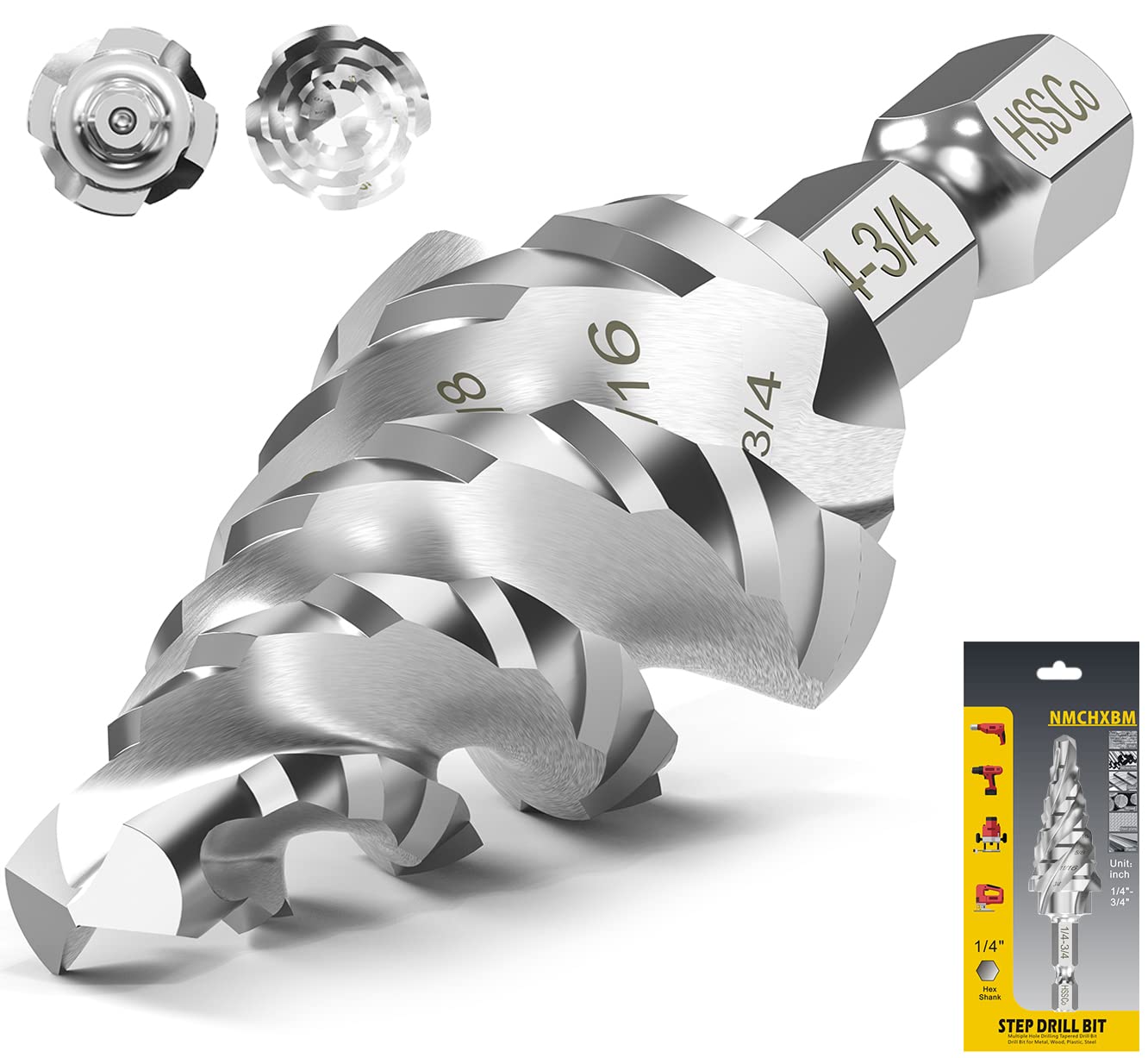 M35 Cobalt Step Drill Bit 1/4" - 3/4"(9 Sizes),Four Helical Flutes, 1/4" Hex Shank Drill.M35 Cobalt Step Drill Bit for Working Metal, Wood, Aluminum, Plastic, Great for DIYers