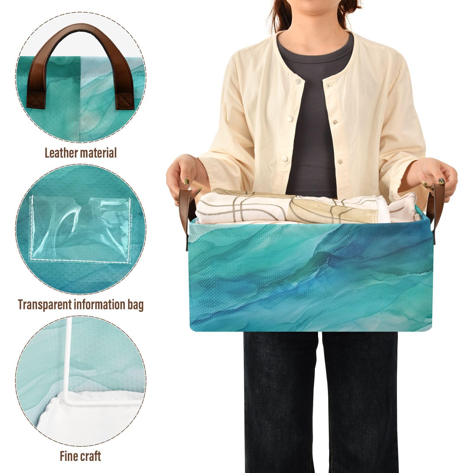 NFMILI Storage Basket Blue Teal Marble Print Storage Bins with Steel Frame,Foldable Storage Cube with Handles 1 Pack