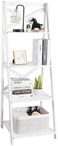 LUARANE Modern 4-Tier Ladder Shelf, Wooden Bookshelf with X-Shaped Frame, Free Standing Bookcase with 4 Open Storage Shelves, Organizer Shelf for Living Room Kitchen Office (2, White)