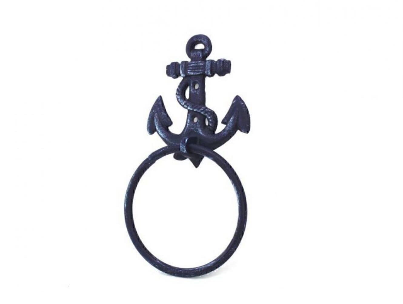 Handcrafted Nautical Decor Rustic Dark Blue Cast Iron Anchor Towel Holder 8.5" - Cast Iron Decoration - an