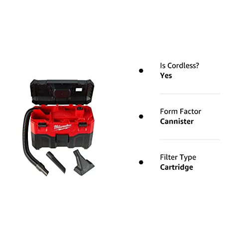Milwaukee M18 2 Gal. 18-Volt Lithium-ion Cordless Wet/Dry Vacuum (Tool-Only), 2.8 Amp Motor, Lightweight, Tool-Box Style for Effortless Transport and Storage