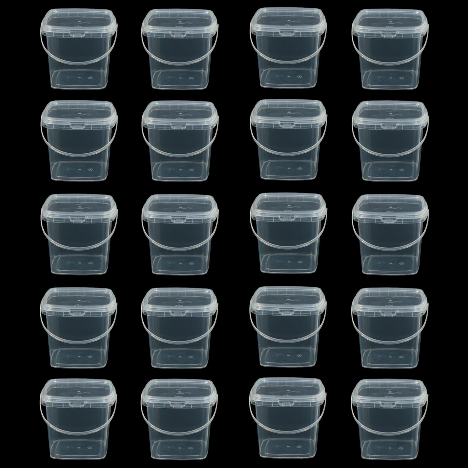 Lobergel 20 Pack 17OZ Square Slime Containers, Ice Cream Buckets with Lids and Handles, 500ml Clear Cocktail Rum Buckets for Drinks, Plastic Transparent Tub Kitchen Restaurant Supplies