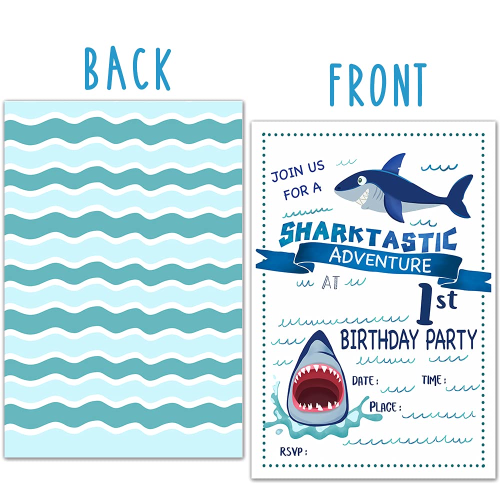 ukebobo 1st Birthday Party Invitations with Envelopes – Shark Birthday Party Invitations, Shark Party Decorations– 20 Cards With Envelopes(sy-01)
