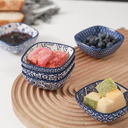 Selamica Ceramic 2.6 OZ Square Dipping Bowl Set, Soy Sauce Dish 3 inch Small Bowls for Ketchup Condiments Side Dish BBQ, Ramekins Oven safe, Stackable, Set of 6, Vintage Blue