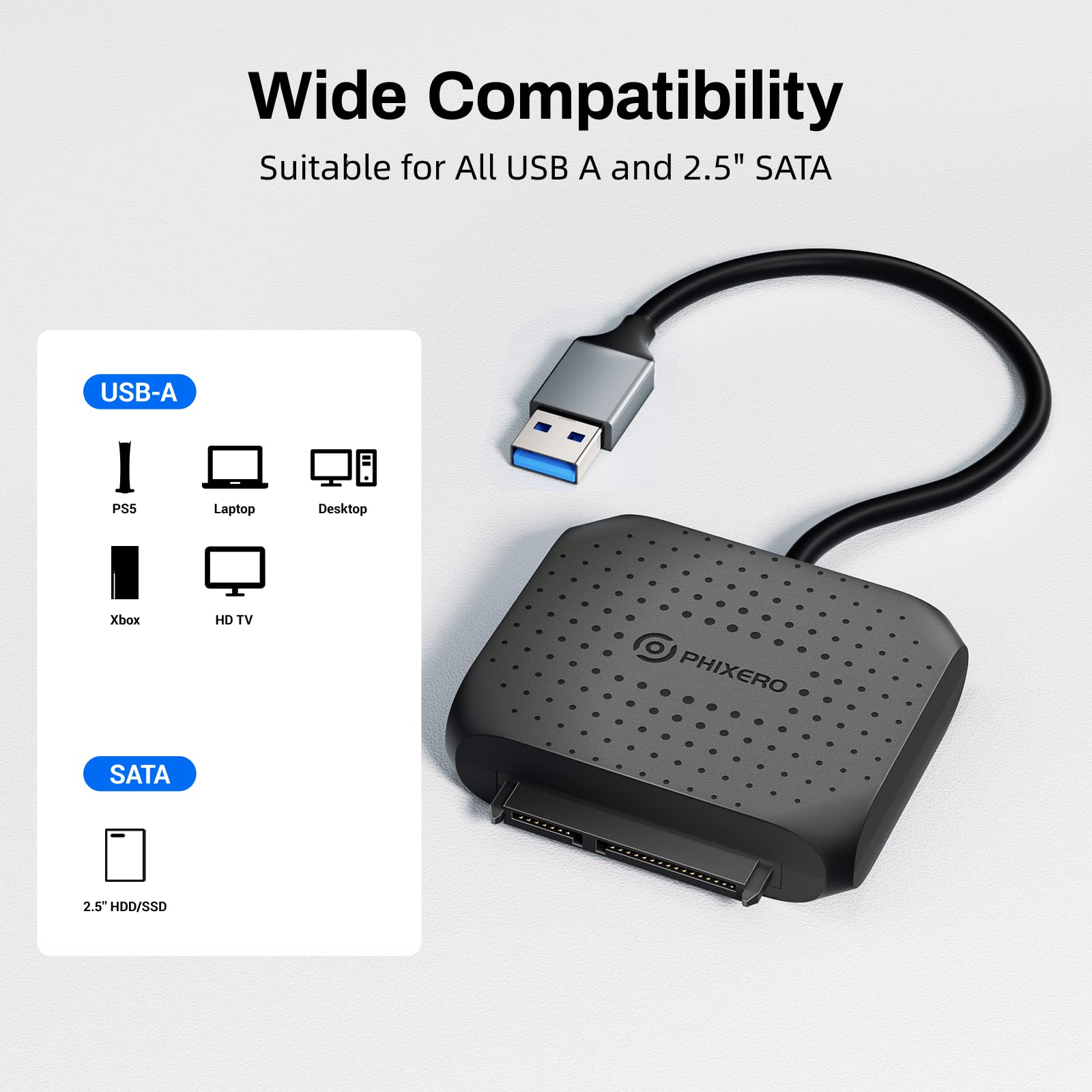 PHIXERO SATA to USB Adapter for 2.5" SSD/HDD with Protective Case, USB to SATA Adapter