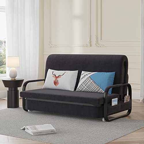 PIAQIA Convertible Pull Out Sofa Bed Sleeper with Storage, Linen Upholstered Folding Futon Couch with 1β Natural Latex Mattress, Suitable for Compact Space, Guest Room, Workshop, Dark Gray, 59" Width