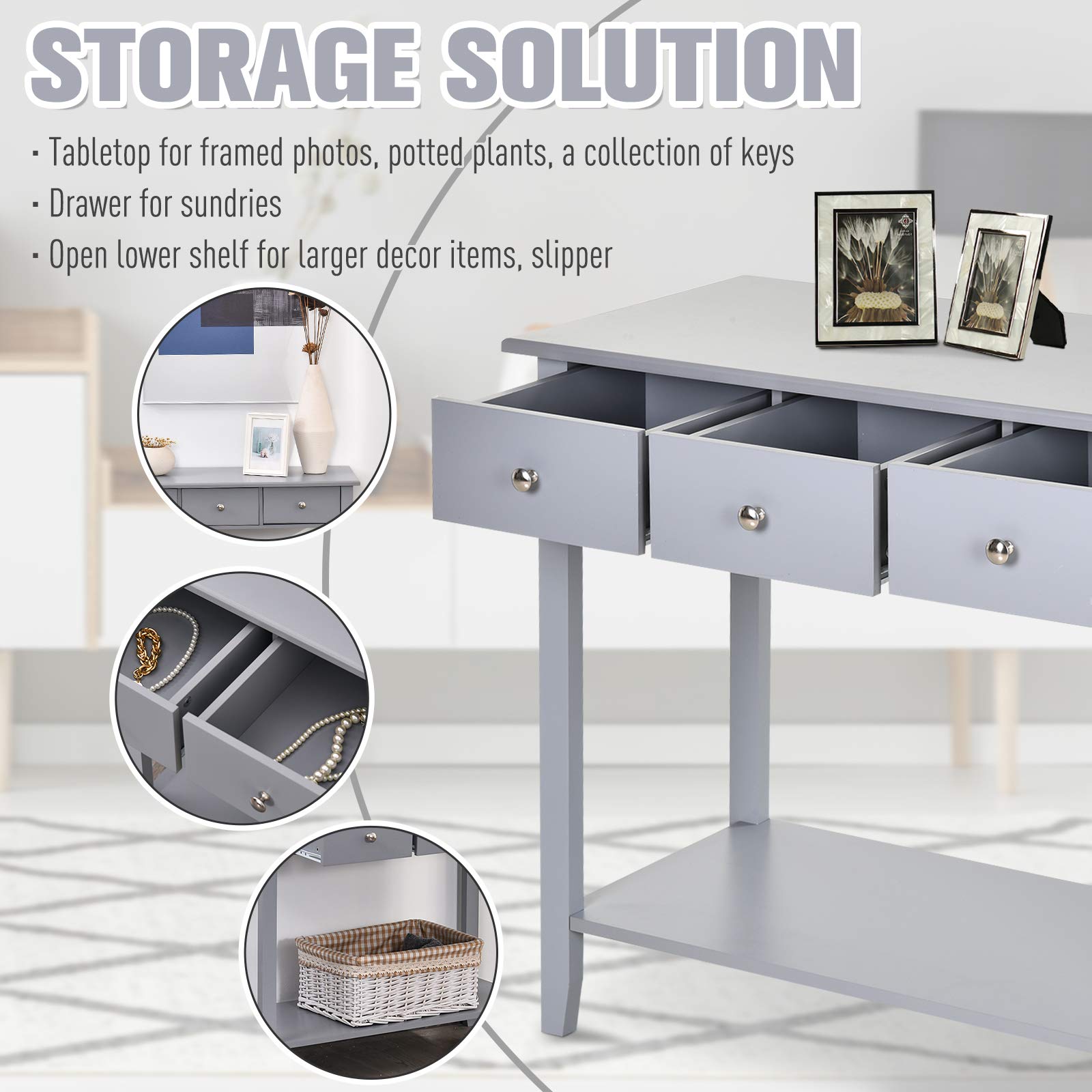 HOMCOM Console Table Industrial Desk with Drawer Bottom Shelf & Large Tabletop for Entryway or Living Room, Grey