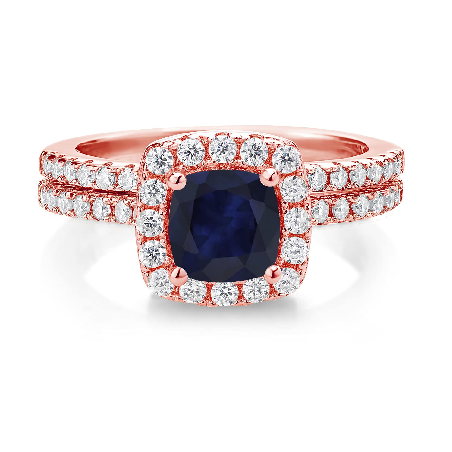 Gem Stone King 18K Rose Gold Plated Silver Cushion Blue Sapphire and Moissanite Women Wedding Engagement Ring Band Bridal Set (1.82 Cttw, Available in size 5, 6, 7, 8, 9)