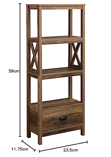 HOMCOM Farmhouse Chic 3-Tier Shelf Bookcase Display Rack with Drawer for Living Room, Bedroom, Office, Natural Wood