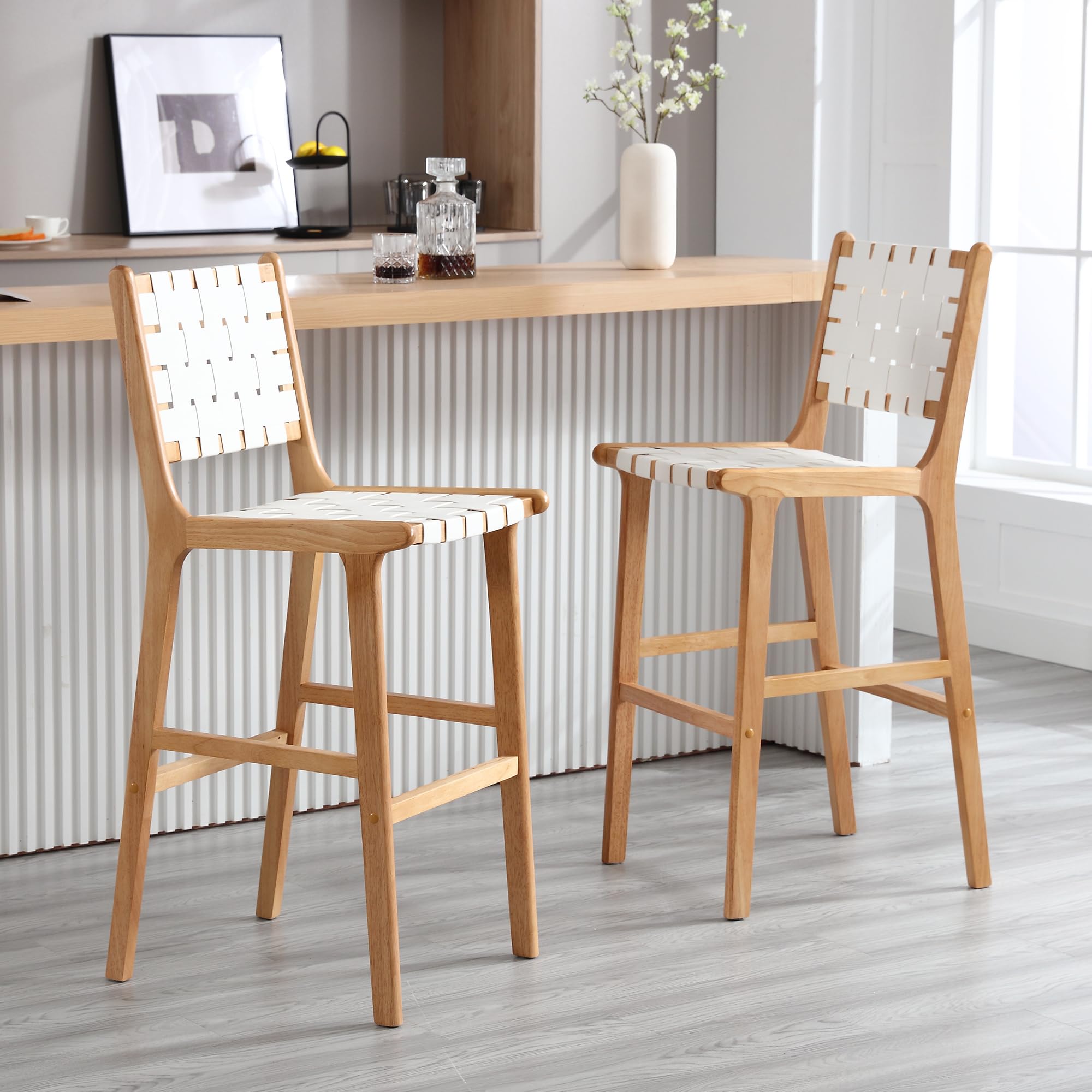 GOOLON Faux Leather Bar Stools Set of 2, 29" Bar Height Stools for Kitchen Island, Modern Farmhouse Barstools with Woven Back Comfy Seat Wood Frame and Footrest for Home Pub Patio, White