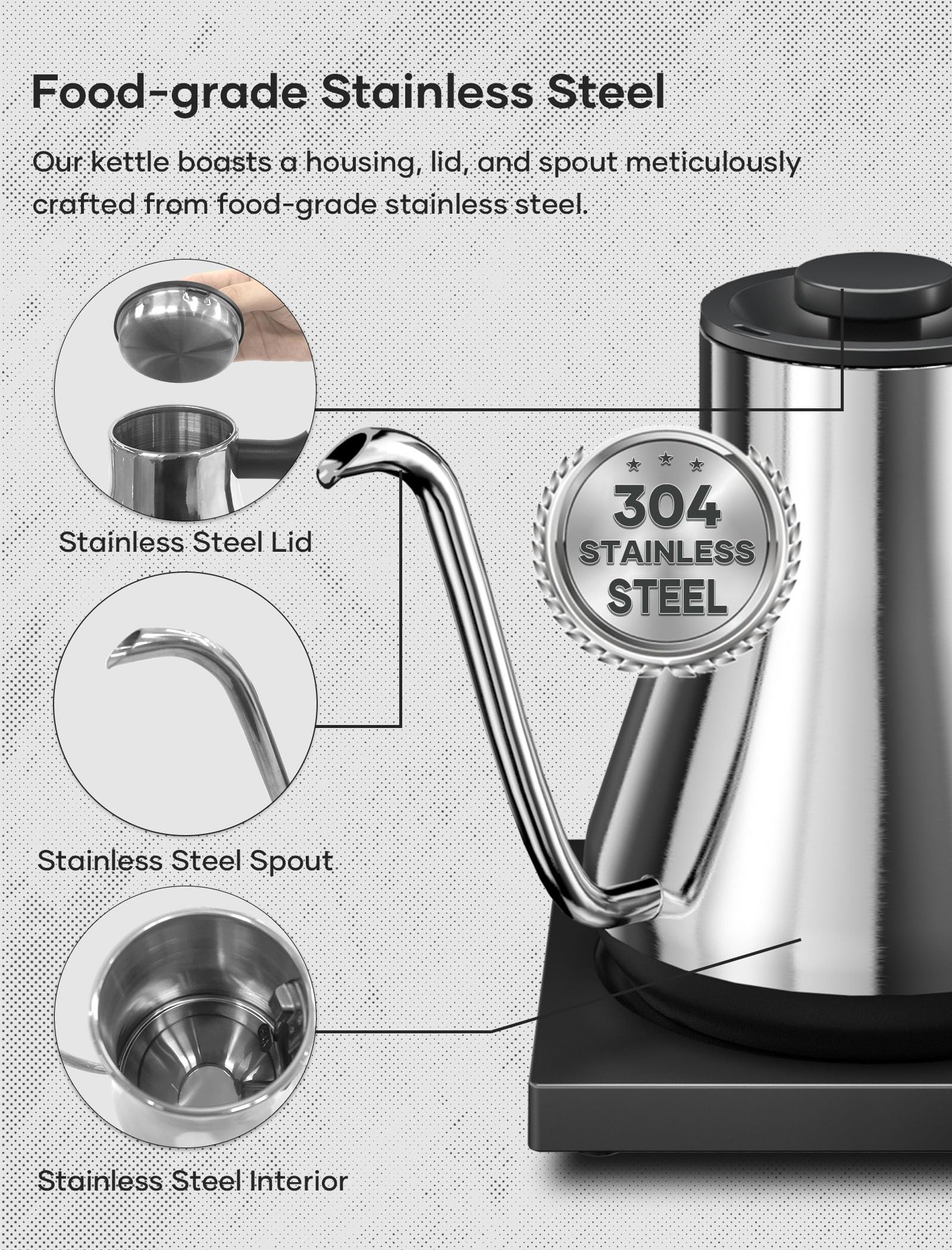 Gooseneck Electric Kettle, Offacy Gooseneck Kettle with 100% Food Grade 304 Stainless Steel, Pour Over Kettle & Coffee Kettle, Tea Kettle 1200 Watt Quick Heating, 0.9L, Stainless Steel