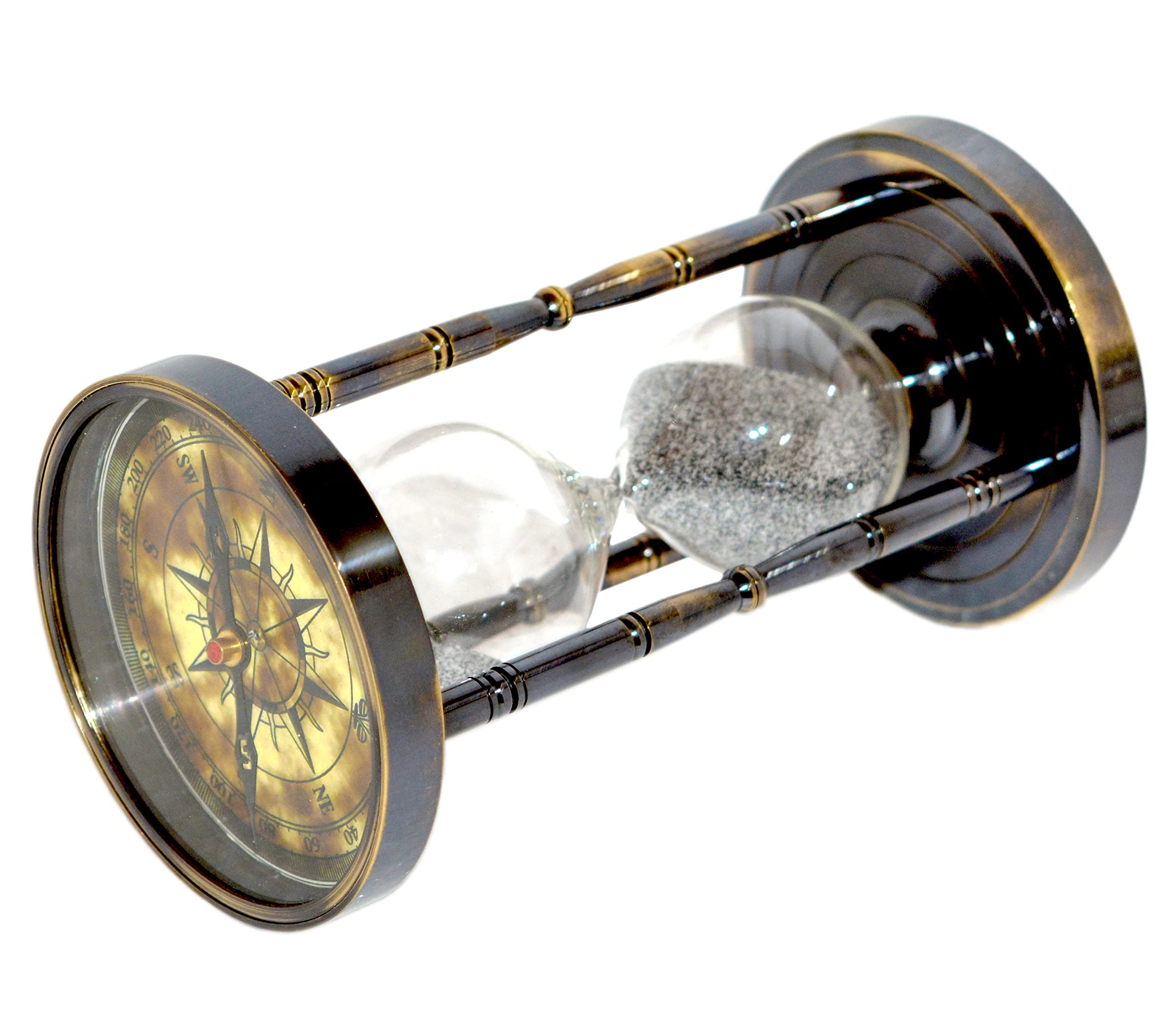 Hassanhandicrafts Antique Brass & Glass Black Sand Timer Hourglass Nautical Maritime SandTimer Compass on Both Side CompassCollectible, Shelf Desk Decor
