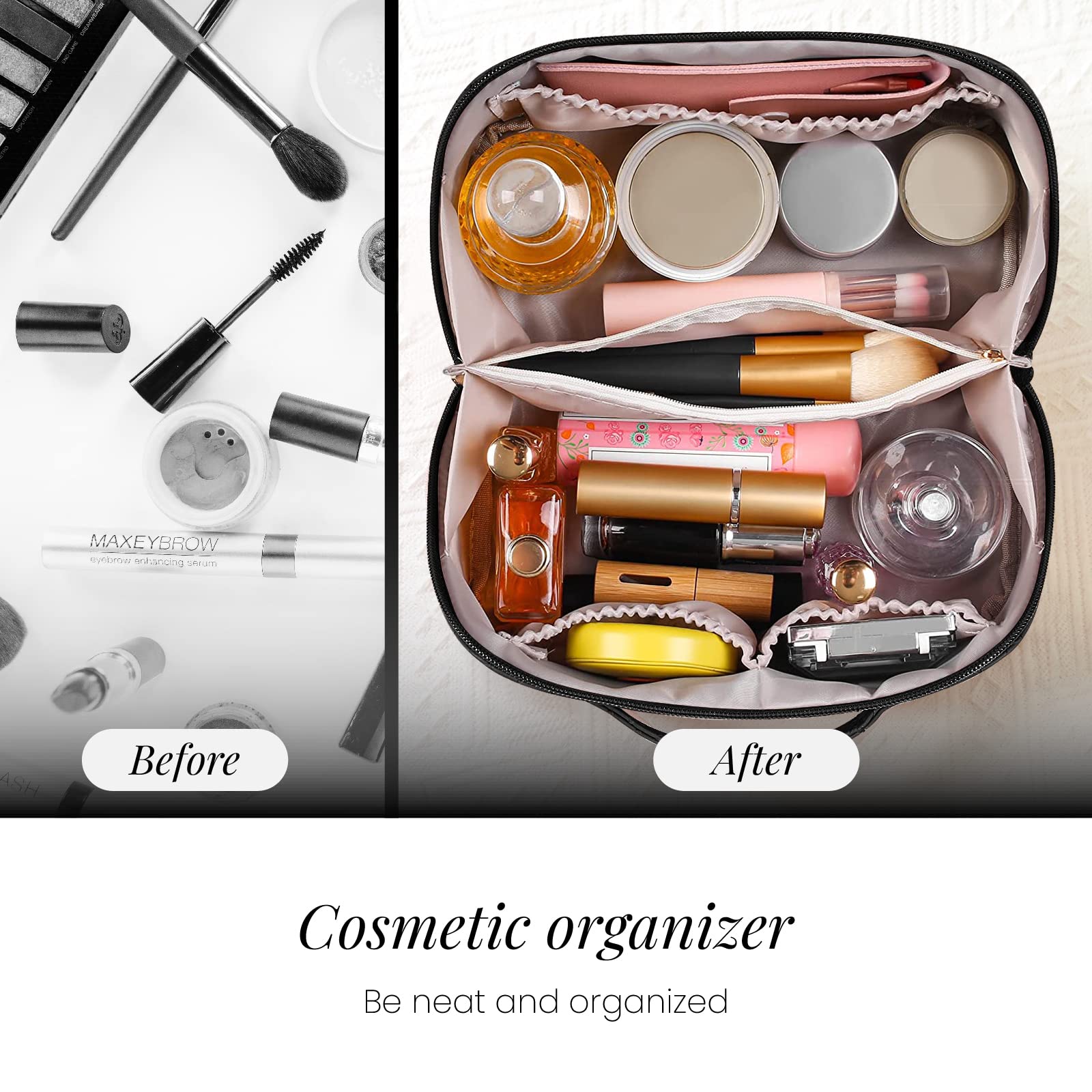 LASPERAL Travel Makeup Bag Large Capacity Cosmetic Bag Organizer Leather Waterproof Portable Compact Skincare Storage Checkered Pouch with Handle and Dividers for Women Girls Makeup Brushes (Black)