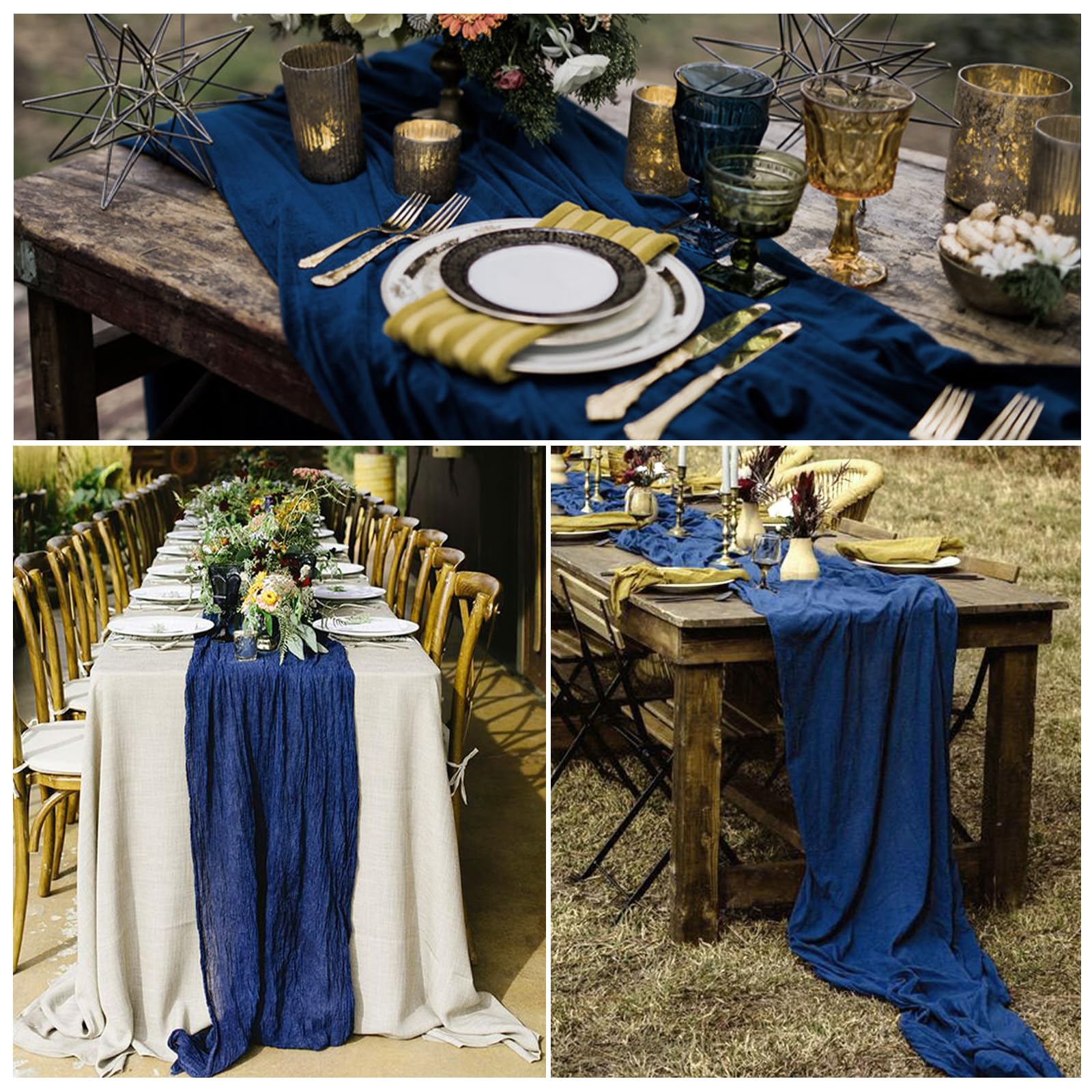 RestfulGlow 6 Pack Navy Blue Cheesecloth Table Runner 10FT Boho Gauze Fabric Table Runner 35 x 120 Inch Rustic Sheer Runner for Wedding Birthday Baby Shower Party Boho Table Decoration(Navy Blue)