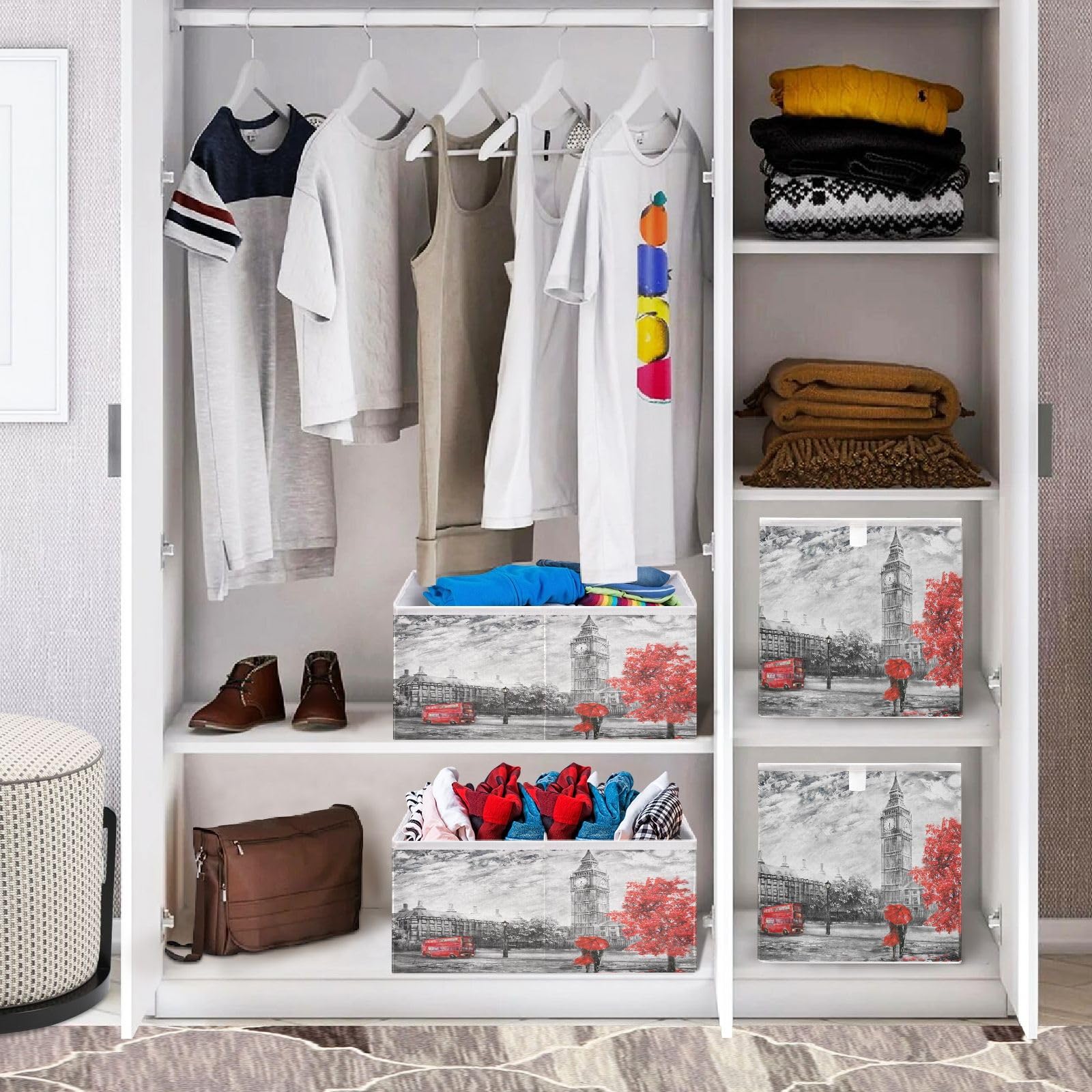 Emelivor London Rectangle Storage Bins Fabric Storage Cube Large Storage Baskets for Shelves Collapsible Cube Organizer Bins for Shelves Home Office Clothes Clothing,16 x 11inch