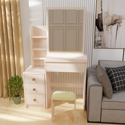 Susici Modern Makeup Vanity Table with Adjustable Lighted Mirror,Dressing Table Set with High Capacity Storage Drawers Shelves&Cushioned Stool,Vanity for Bedroom (Sliding Square Mirror2, 31.5x14x51)
