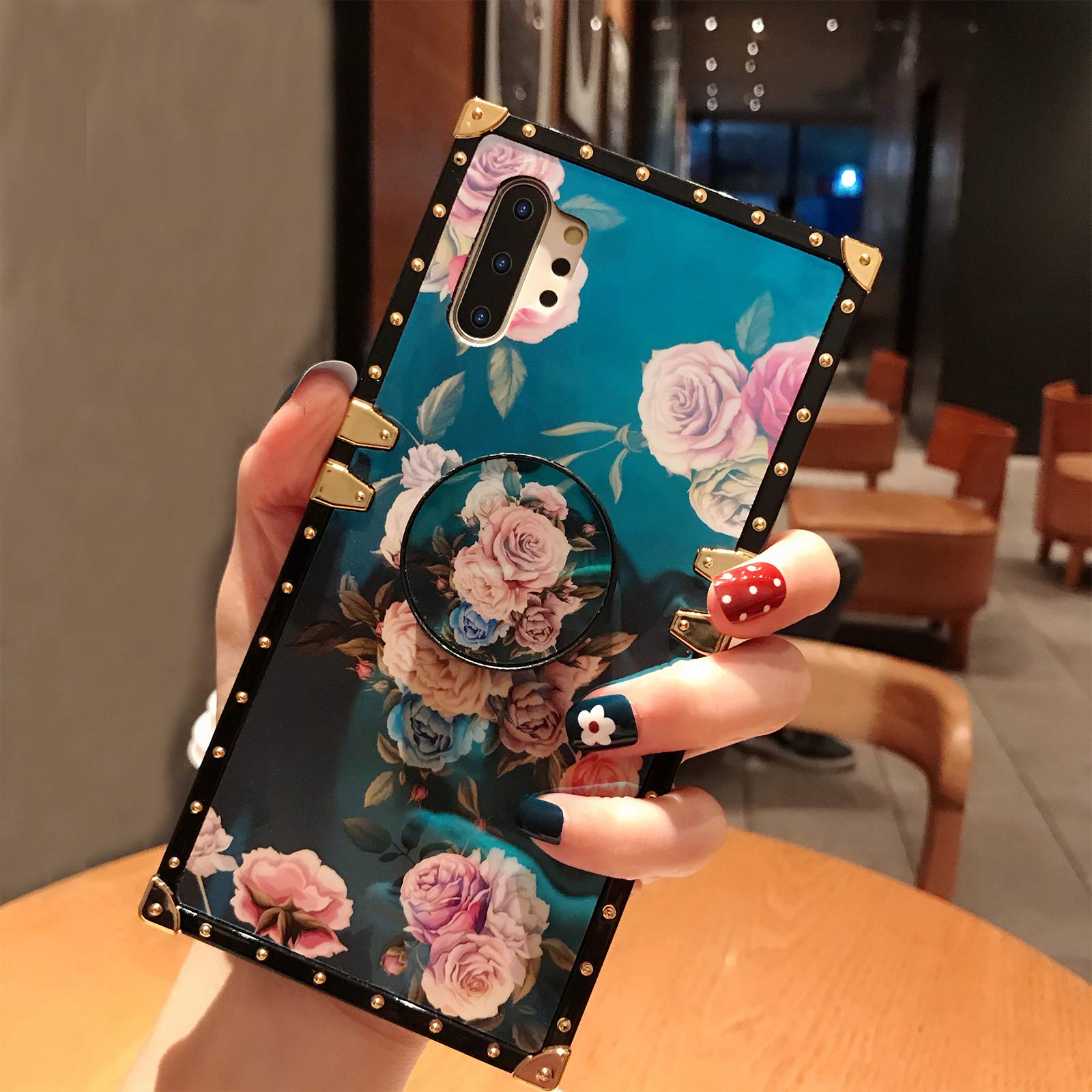 Galaxy Note 10 Plus 5G Square Case with Stand Holder Rose Floral Flower Luxury Elegant Soft TPU Shockproof Protective Metal Decoration Corner Back Phone Case Women Girls Lady for Galaxy Note 10+ 5G