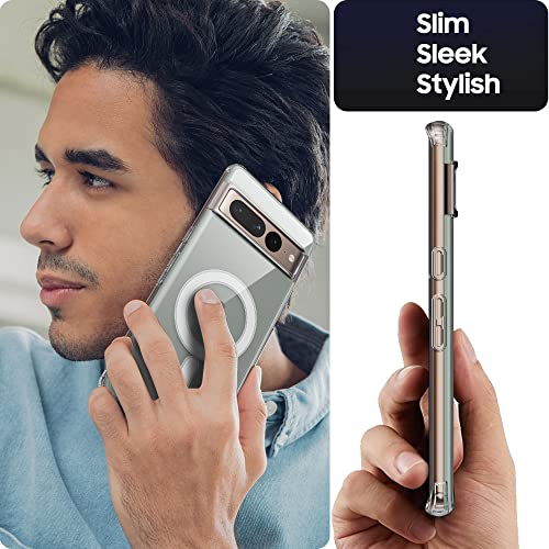 MAKAVO for Pixel 7 Pro Case, Magnetic Case Compatible with MagSafe, Slim Thin Hard Back & Soft Edges Crystal Clear Cover Shockproof Phone Shell with Camera Lens Protector