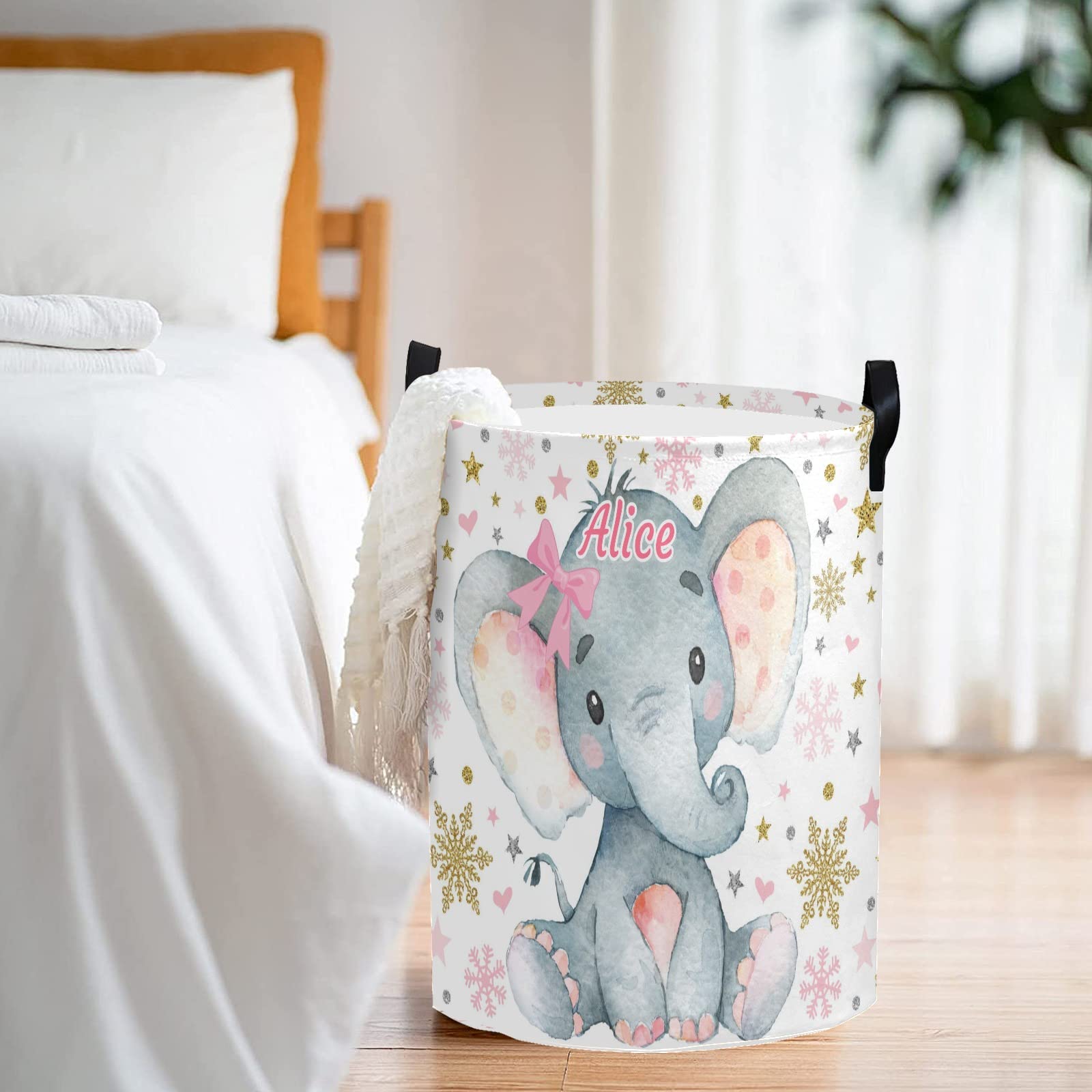 Laundry Basket Customized Name Organizer Storage Round Baskets Foldable Laundry Hamper with Handle for Nursery Bedroom Decor(Gold Snowflake Cute Elephant)