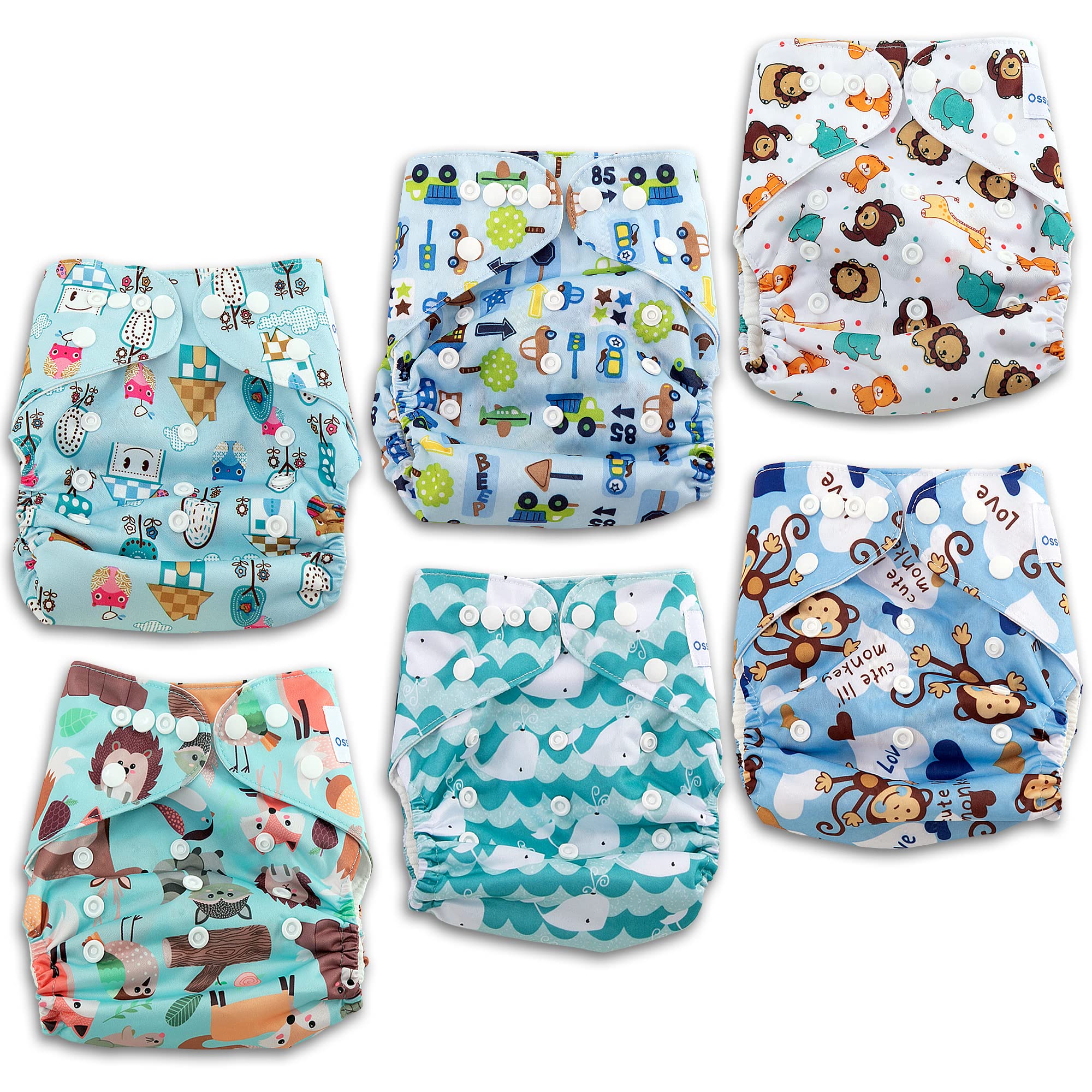 Ossum Baby Premium Cloth Diapers (New) - 6 Diaper Covers + 6 Bamboo Cotton Inserts (Super Soft & Absorbent) + Wetbag (B01), 0-24 Month, BG1