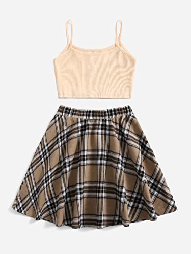 WDIRARA Girl's 2 Piece Cute Outfits Cartoon Print Cami Top and Plaid Skirt Set Multicolored 11-12Y