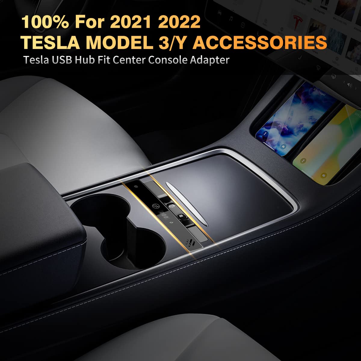 Militwo for 2021 2022 Tesla Model 3/Y Accessories | Tesla USB Hub Fit Center Console Adapter, USB Hub Docking Station with Tyep-c and iPhone Charging Cable Supports Fast Charging Stretchable