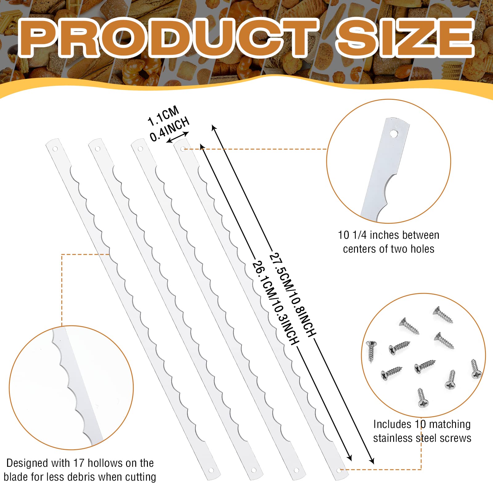 Lasnten 4 Pcs Bread Bow Knife Blades Stainless Steel Replacement Blade Serrated Bread Blade with Screws for Wooden Bread Knife