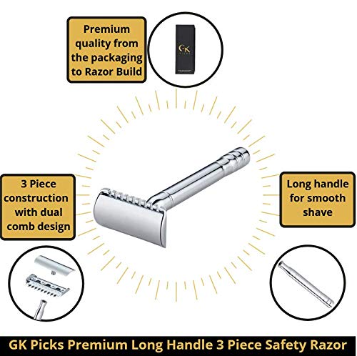 GK Picks – Premium Long Handle 3 Piece Safety Razor Double Edge Traditional Razor Kit includes 10 High Quality Blades