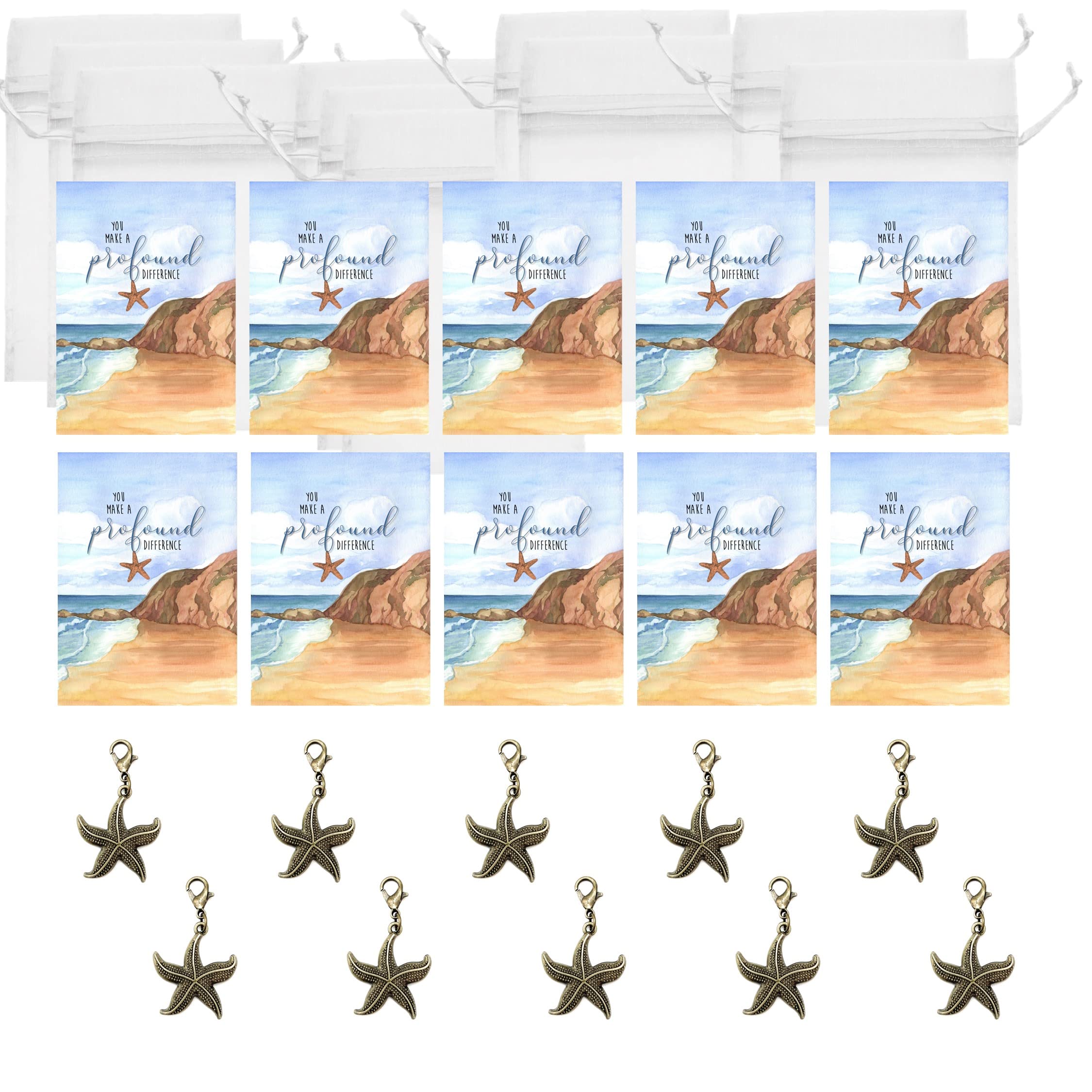 Smiling Wisdom - Bulk 10 Gift Sets - The Starfish Story - You Make a Profound Difference Employee Appreciation Greeting Card and Bronze Charm Keepsakes (10 Charms)