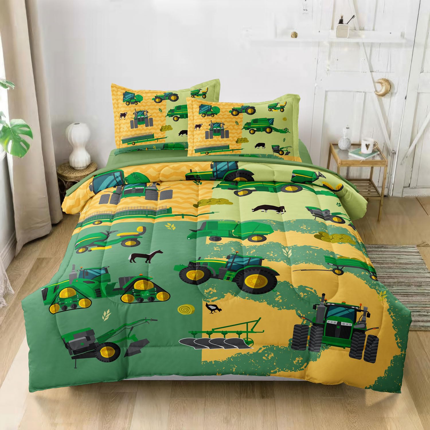 Leaflin Twin Construction Bedding Set for Boys Kids Farm Tractor Bedding 4 Pieces Cars Twin Comforter Set for Boys, Twin Truck Bed in a Bag Set Boys