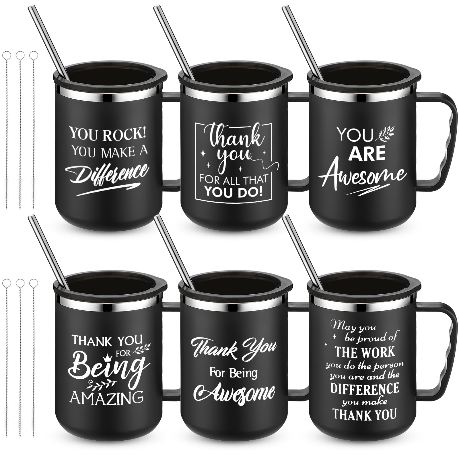 Sumind Thank You Employee Appreciation Gifts 17 oz Inspirational Stainless Steel Coffee Mugs with Handle Lid Straw for Thanksgiving Christmas Staff Coworker Teacher Gifts(Black,6 Pcs)