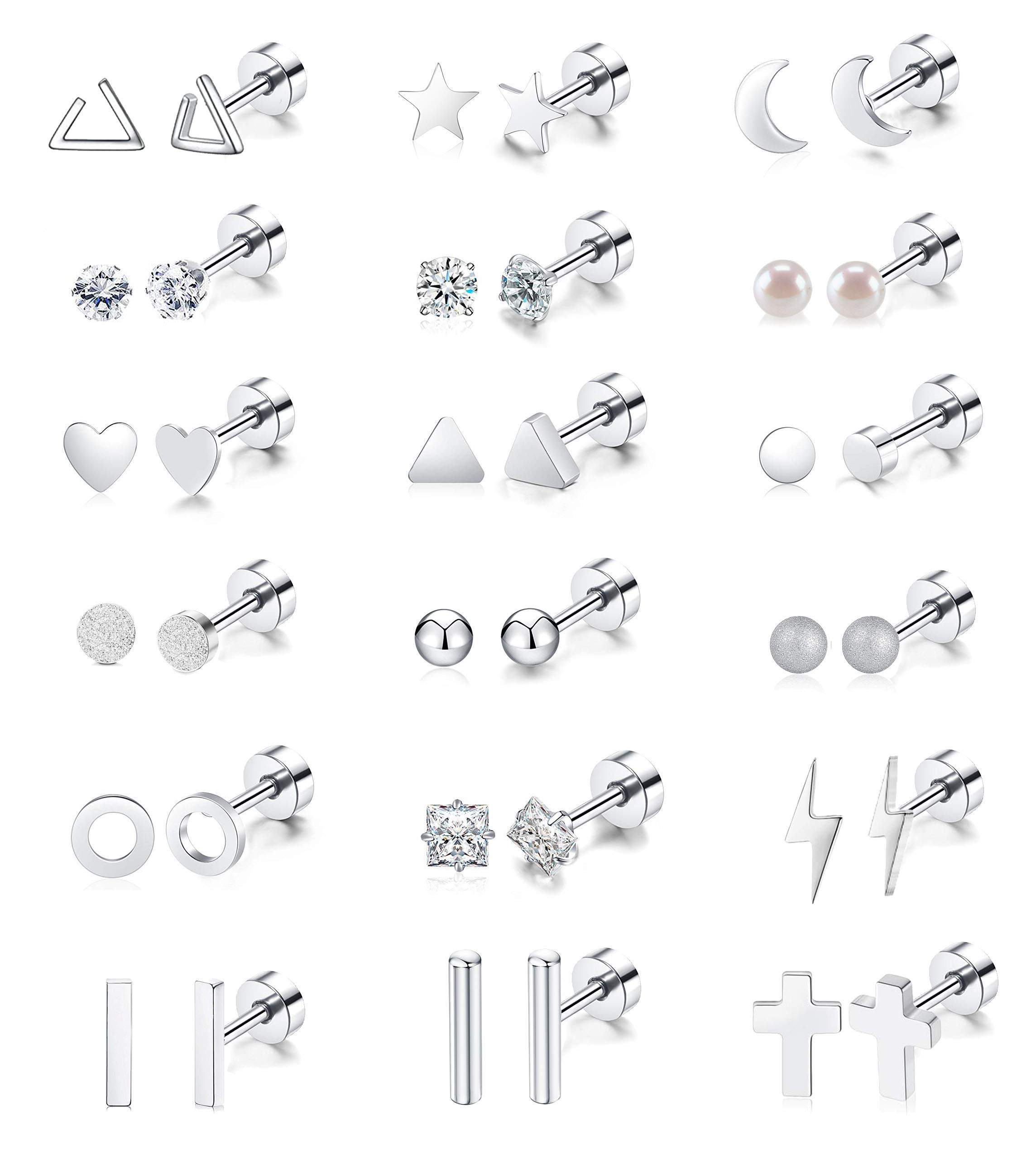 Flat Back Earrings Hypoallergenic,18 Pairs Stainless Steel Flat Back Stud Earrings for Women Men 20G Star Moon Heart Disc Ball CZ Cartilage Earrings Screw Back Flatback Earrings for Sensitive Ears