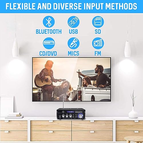 Sunbuck Max 250W×2, Bluetooth Stereo Amplifier, 2 Channel Outdoor Speaker Amplifier, Stereo Receiver for Home Audio w/USB 2.0, MIC in, Remote Control, Hi-Fi Small Amplifier for Speakers, AS-29BU