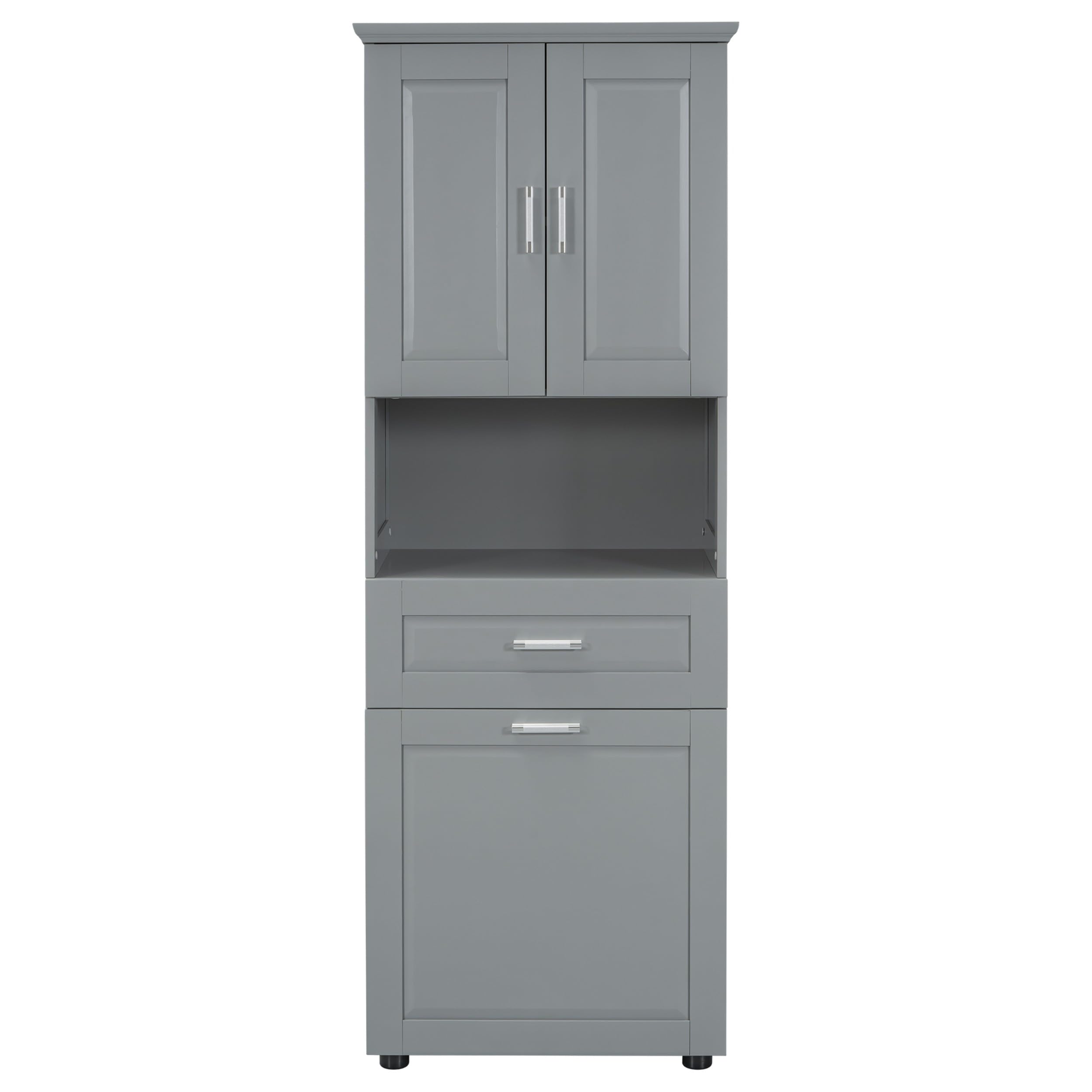 RCCFBHM Modern Bathroom High Bathroom Cabinet with Tilting Laundry Hamper with Double Door Storage and 1 Drawer, Open Storage Cabinet for Bathroom, Living Room.