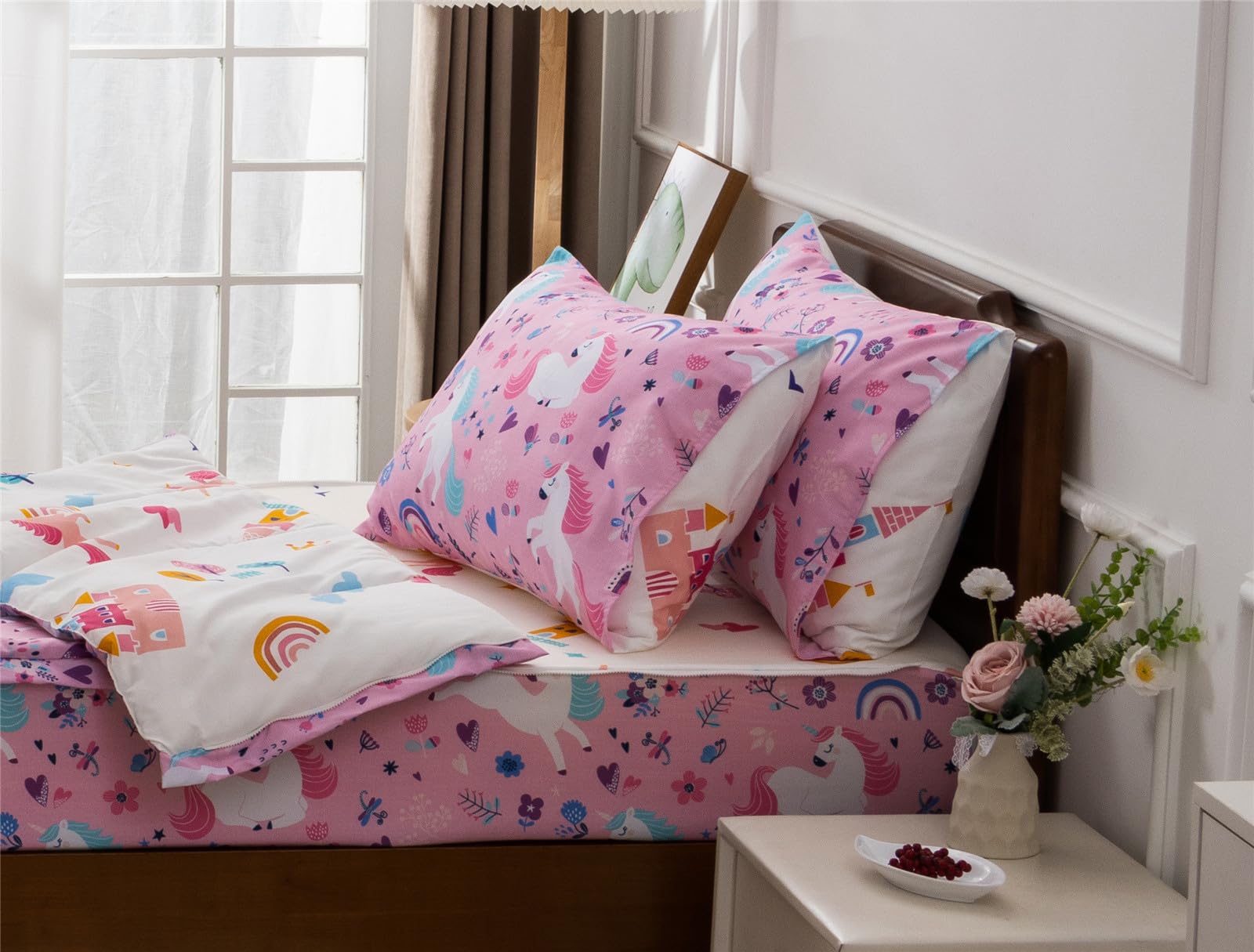 Meeting Story 3pcs Kids Comforter Sets Zipper Bedding Set for Girls,Twin Kid Bedding Set Rainbow Comforter Unicorn Bedding Set for Kid,All in one Zipper Bedding(Pink,Twin