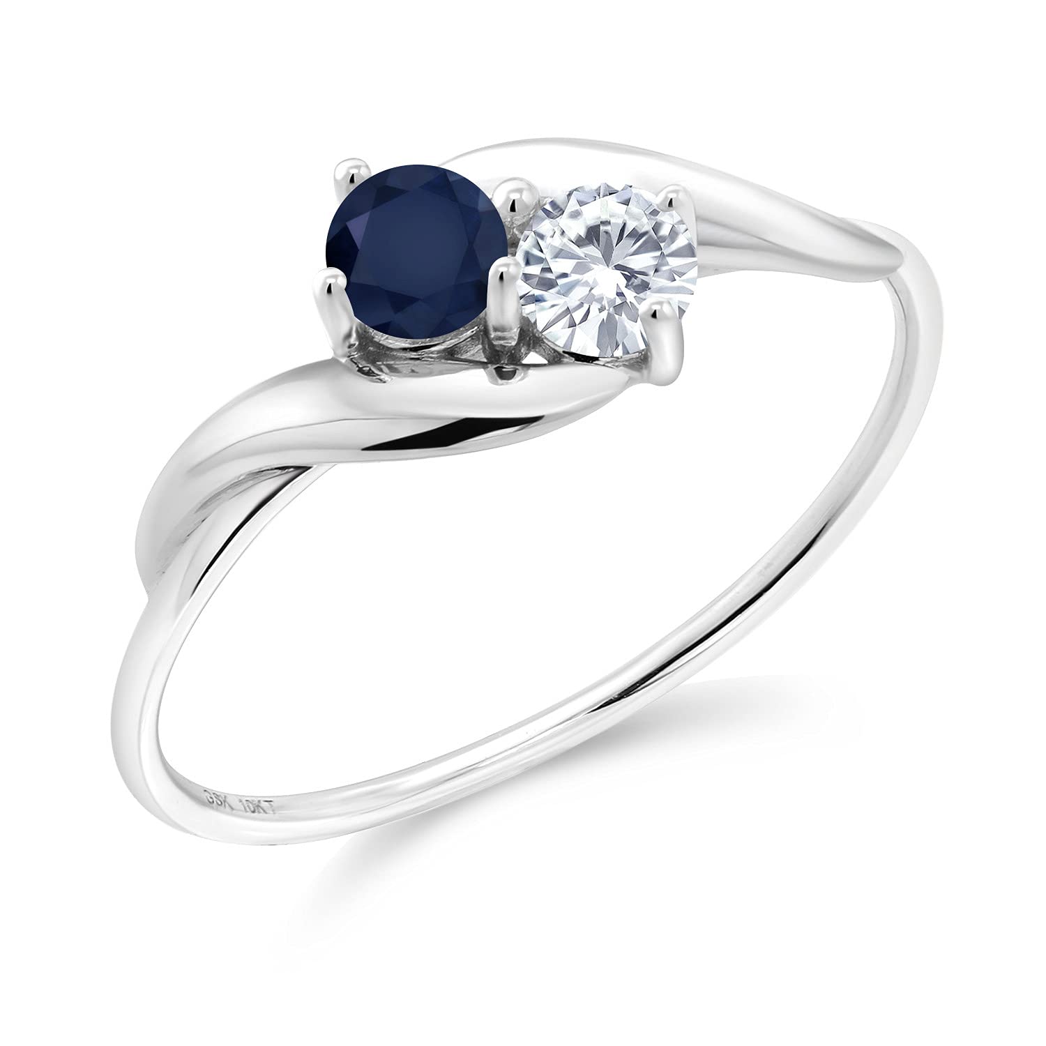 Gem Stone King 10K White Gold Round Blue Sapphire and White Moissanite Engagement Ring For Women (0.38 Cttw, Gemstone Birthstone, Available In Size 5, 6, 7, 8, 9)