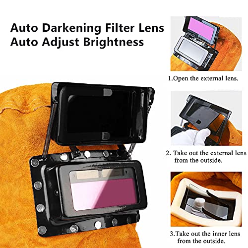 Leather Welding Mask, Leather Welder Hood Leather Mask Welder Helmet with Auto Darkening Filter Lens, Work Cap Welding Helmet, Yellow (Full Face+Neck Shoulder Coverage)