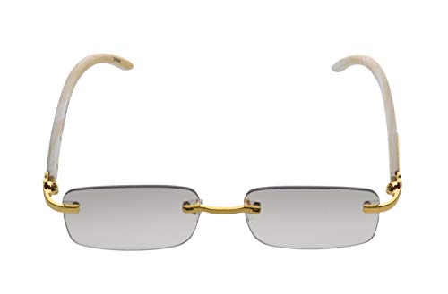 FLAWLESS EYEWEAR Retro Wood Buffs Vintage Style Gangster Rimless Clear Lens Rectangular Metal & Wood Eye Glasses (Cream-Gold/Tinted Clear Lens)