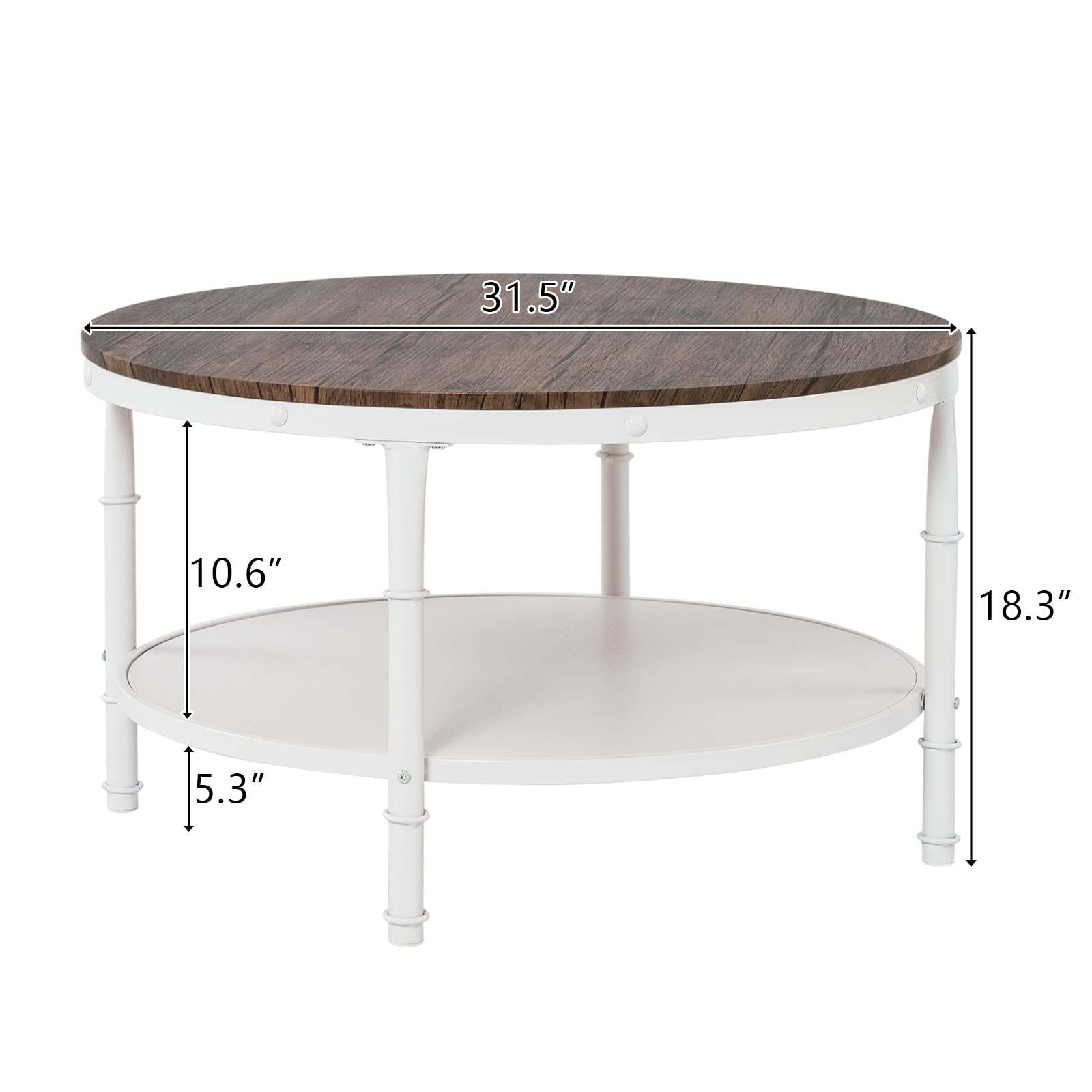VINGLI 31.5" Dark Walnut White Round Farmhouse Coffee Table, 2-Tier Storage Wood Center Circle Accent Table for Living Room, Bedroom, Apartment, Studio and Small Spaces, Sturdy Metal Frame