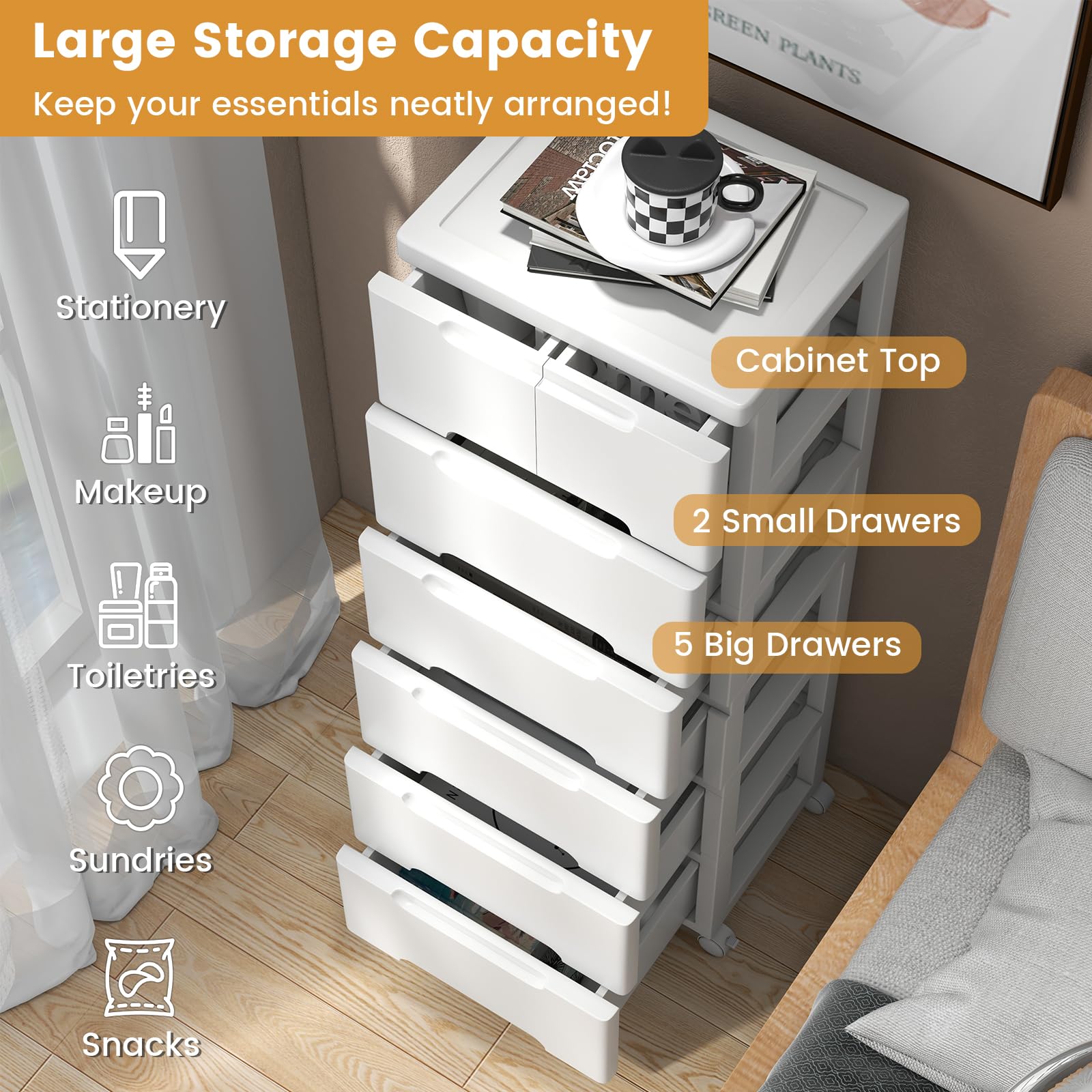 LOKO 7-Drawer Plastic Rolling Storage Cart, Mobile Storage Cabinet with 4 Universal Wheels, Vertical Storage Tower Container Unit for Living Room, Bedroom, Home Office, White (16βx13"x45β (7 Drawers))